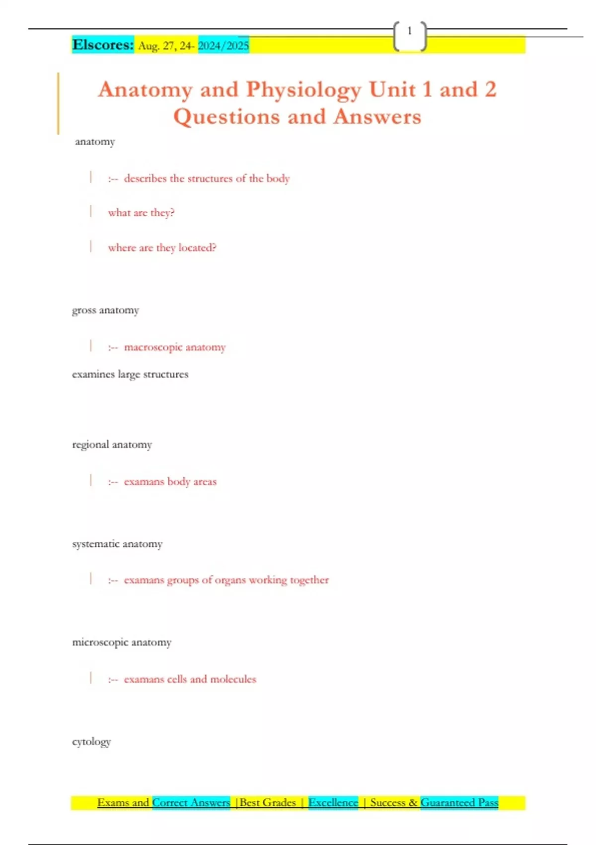 Anatomy and Physiology Unit 1 and 2 Questions and Answers - Anatomy and ...