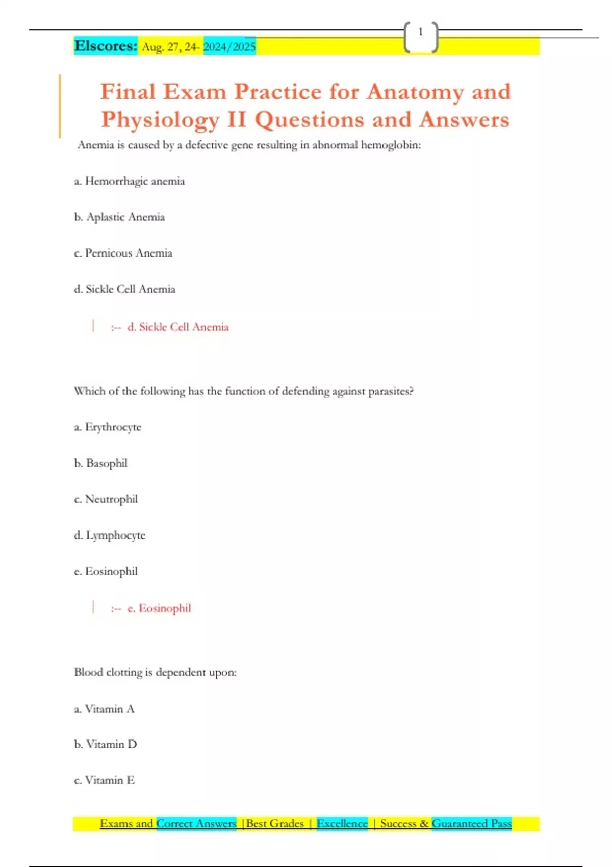 Final Exam Practice for Anatomy and Physiology II Questions and Answers ...