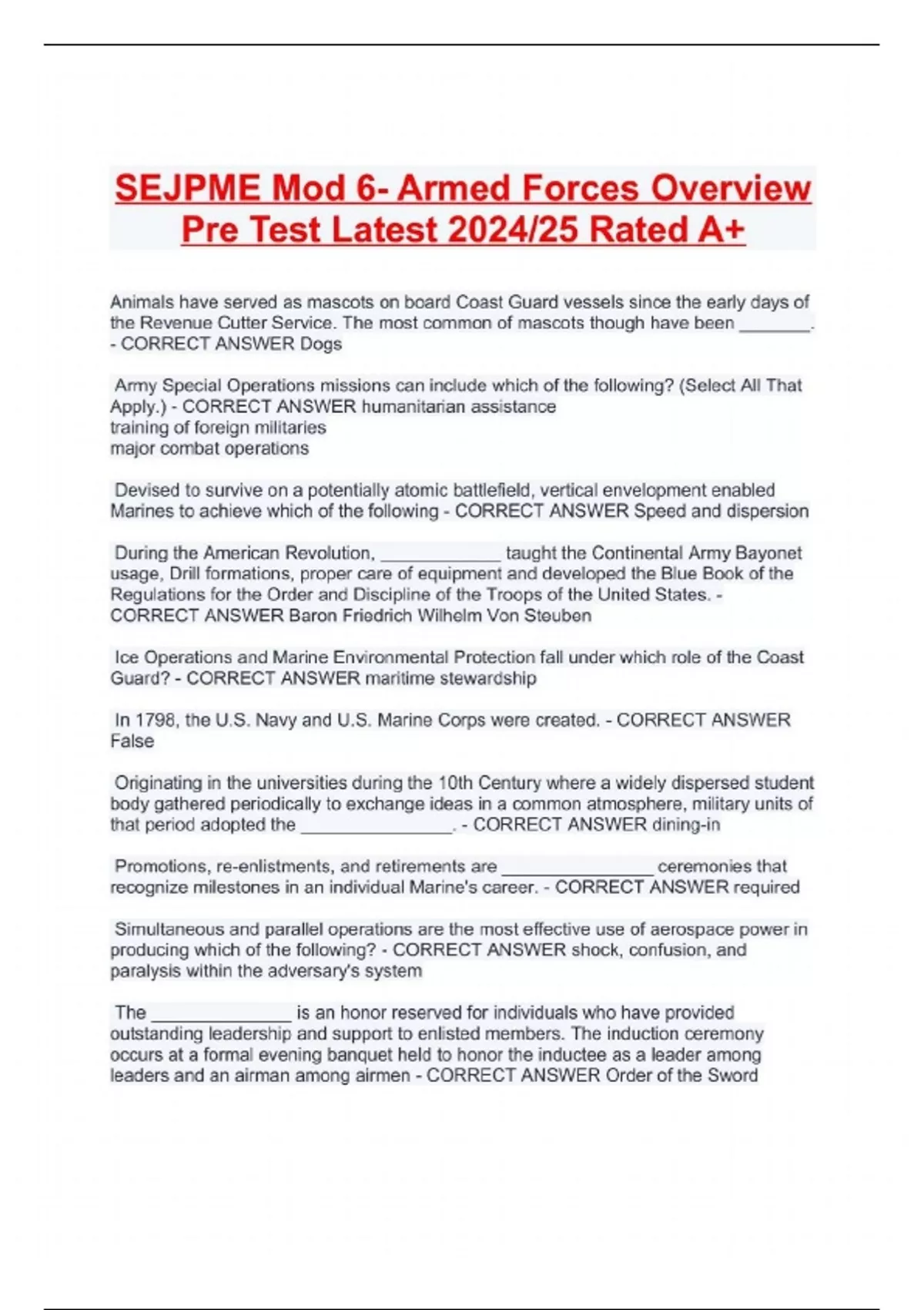 SEJPME Mod 6- Armed Forces Overview Pre Test Latest 2024/25 Rated A+ ...