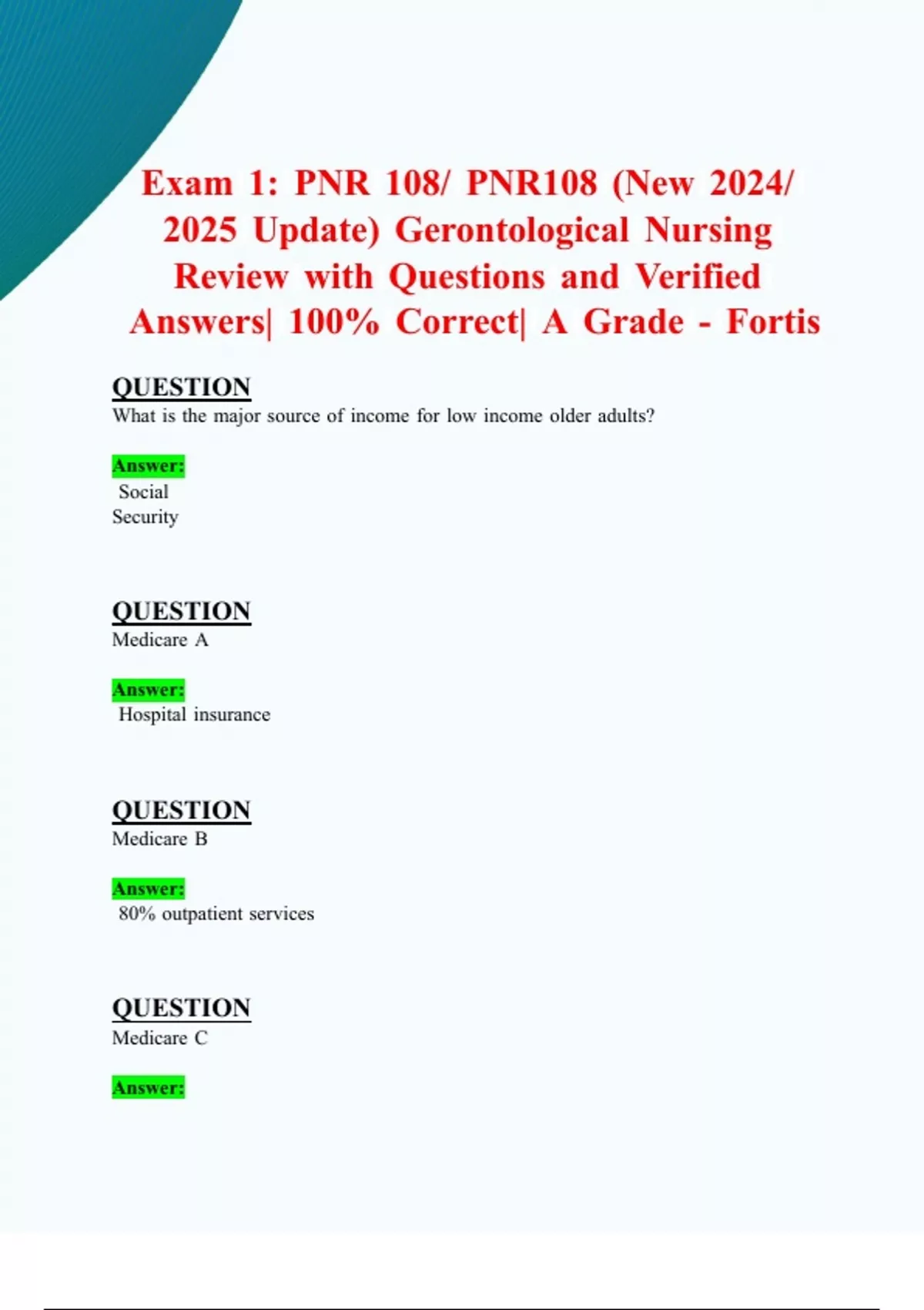 Exam 1: PNR 108/ PNR108 (New 2024/ 2025 Update) Gerontological Nursing ...