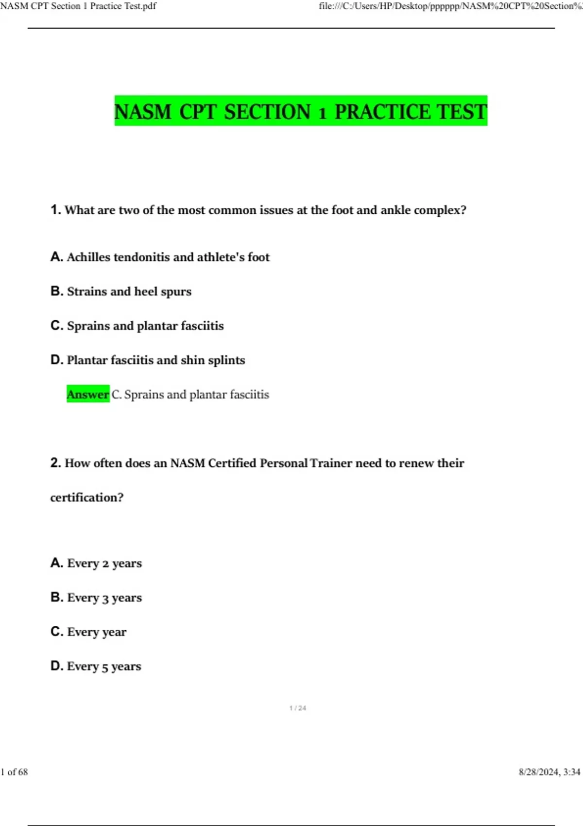 NASM CPT Section 1 Practice Test 2024 Questions and Answers (2024 / ...