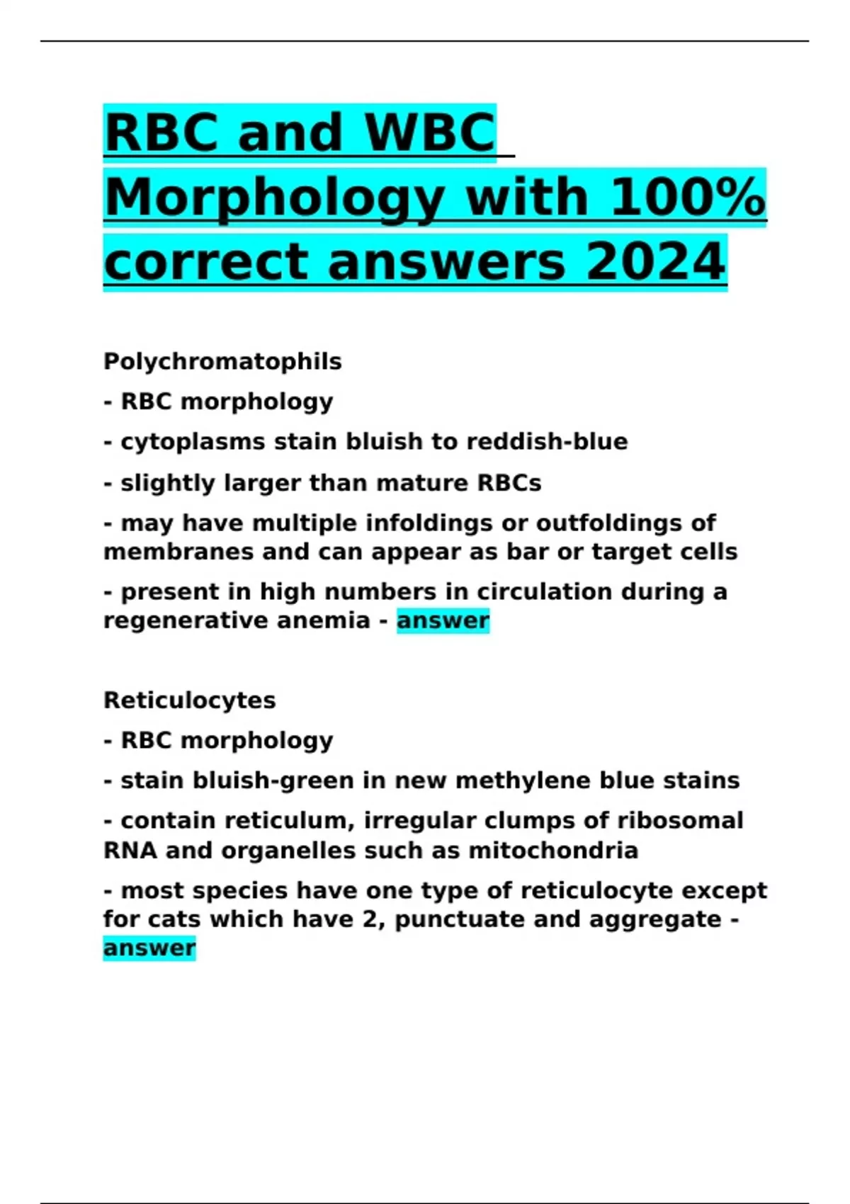 RBC and WBC Morphology with 100- correct answers 2024 - RBC 2 - Stuvia US