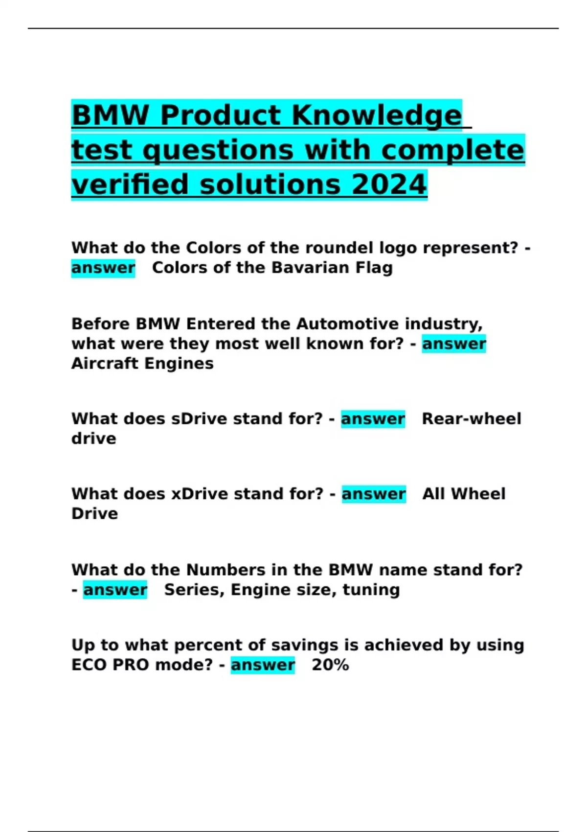 BMW Product Knowledge test questions with complete verified solutions ...