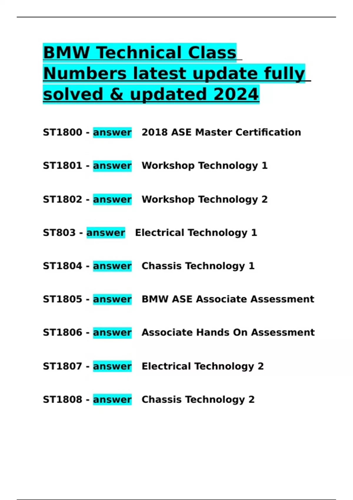 BMW Technical Class Numbers latest update fully solved & updated 2024 ...