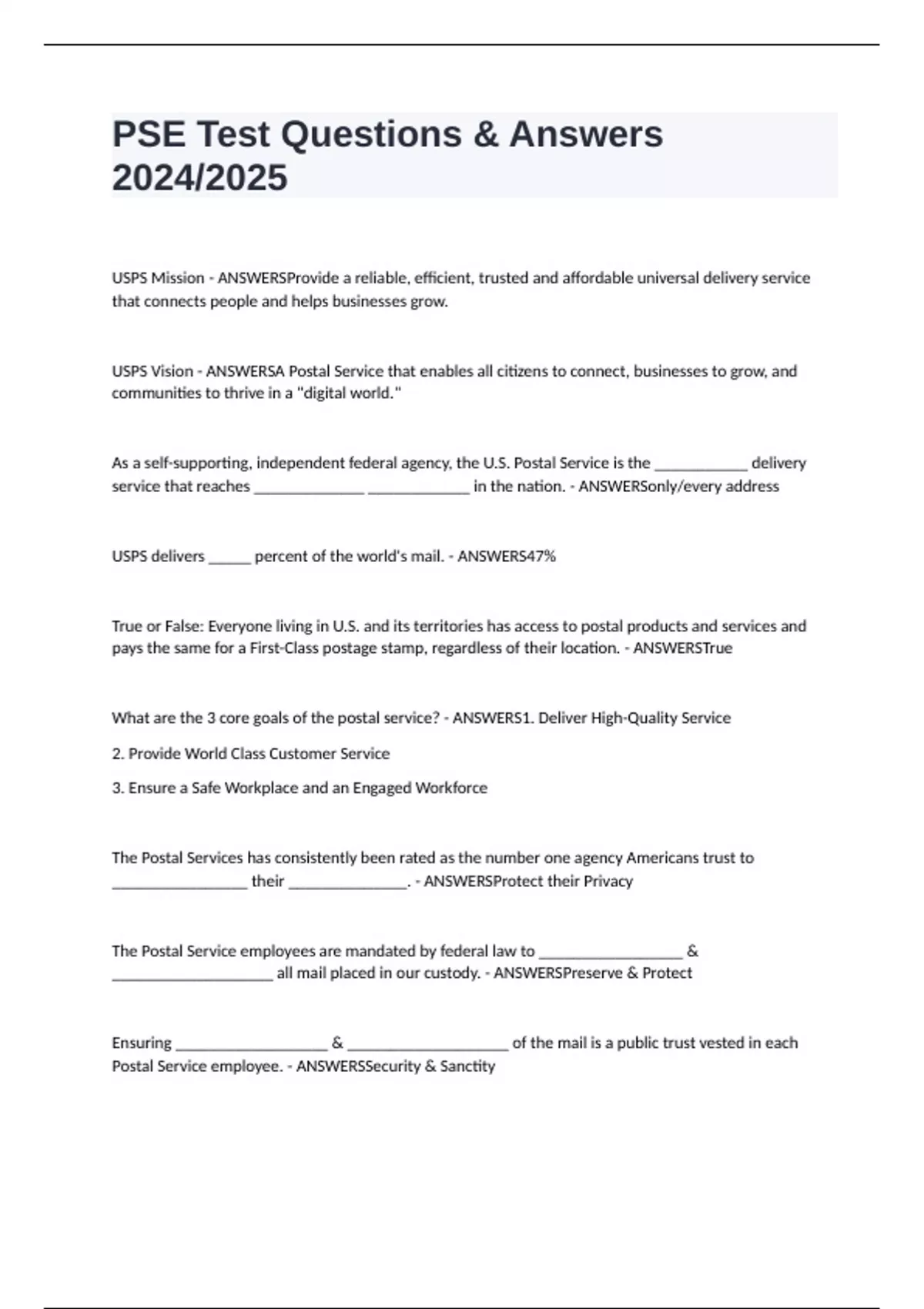 PSE Test Questions & Answers 2024/2025 - PSE - Stuvia US