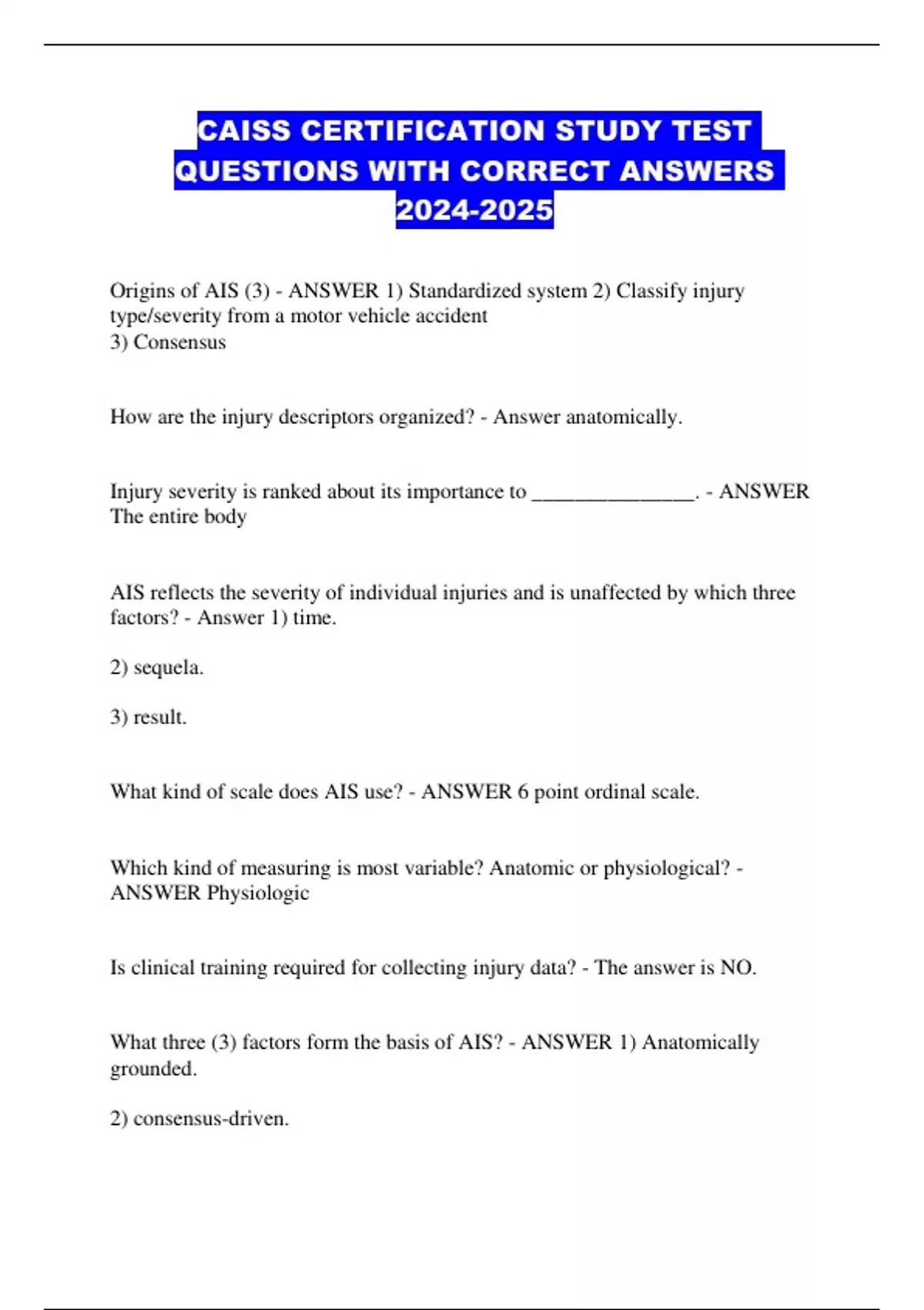 CAISS CERTIFICATION STUDY TEST QUESTIONS WITH CORRECT ANSWERS - CAISS ...