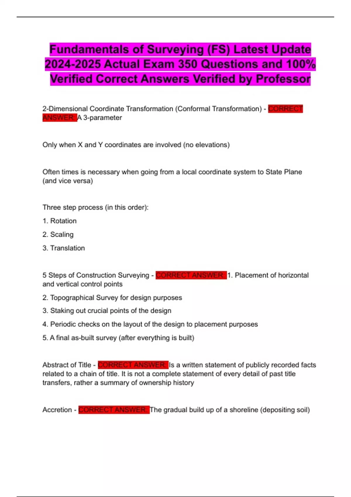 Fundamentals of Surveying (FS) Latest Update Actual Exam 350 Questions ...