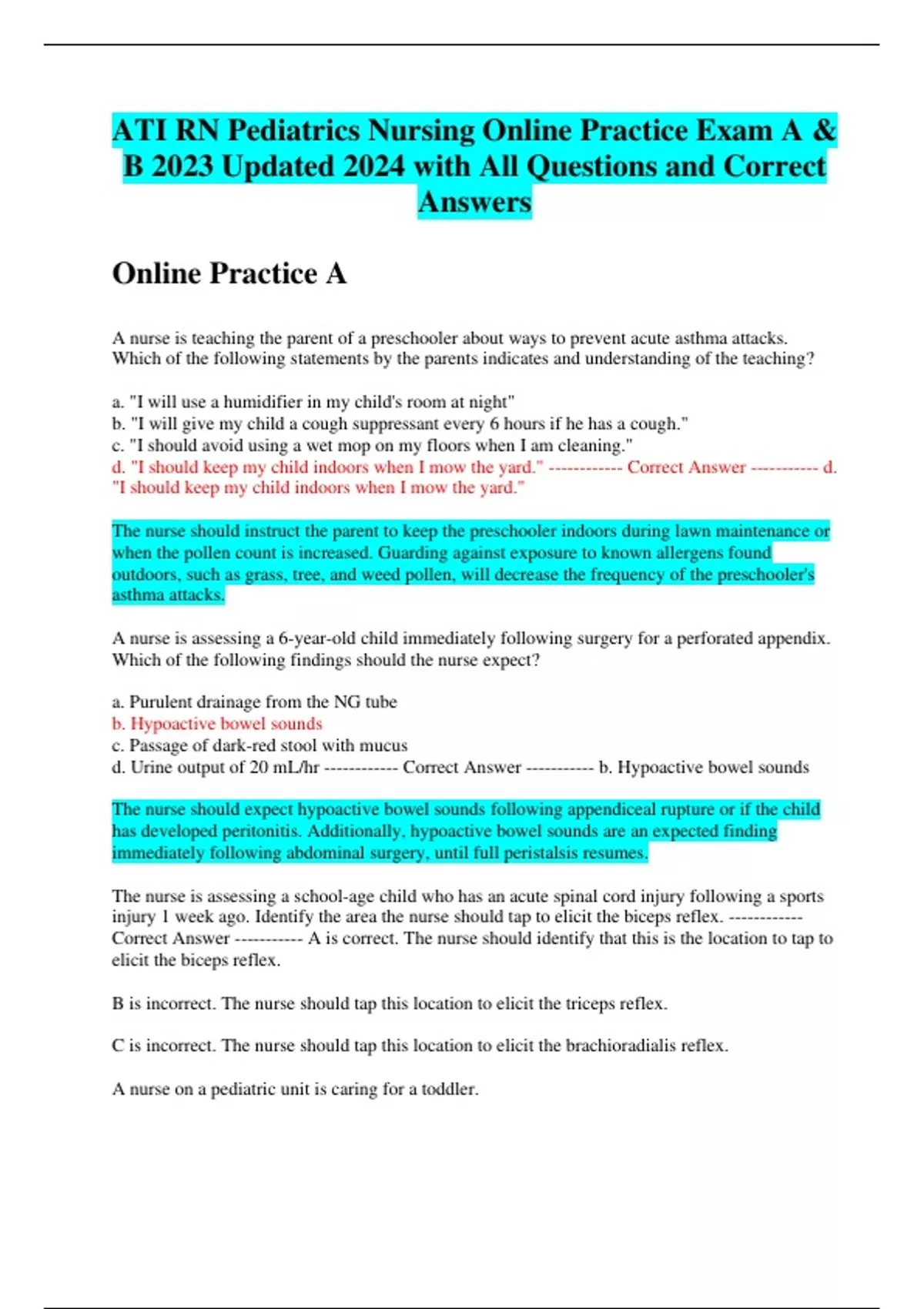 ATI RN Pediatrics Nursing Online Practice Exam A & B 2023 Updated 2024 ...