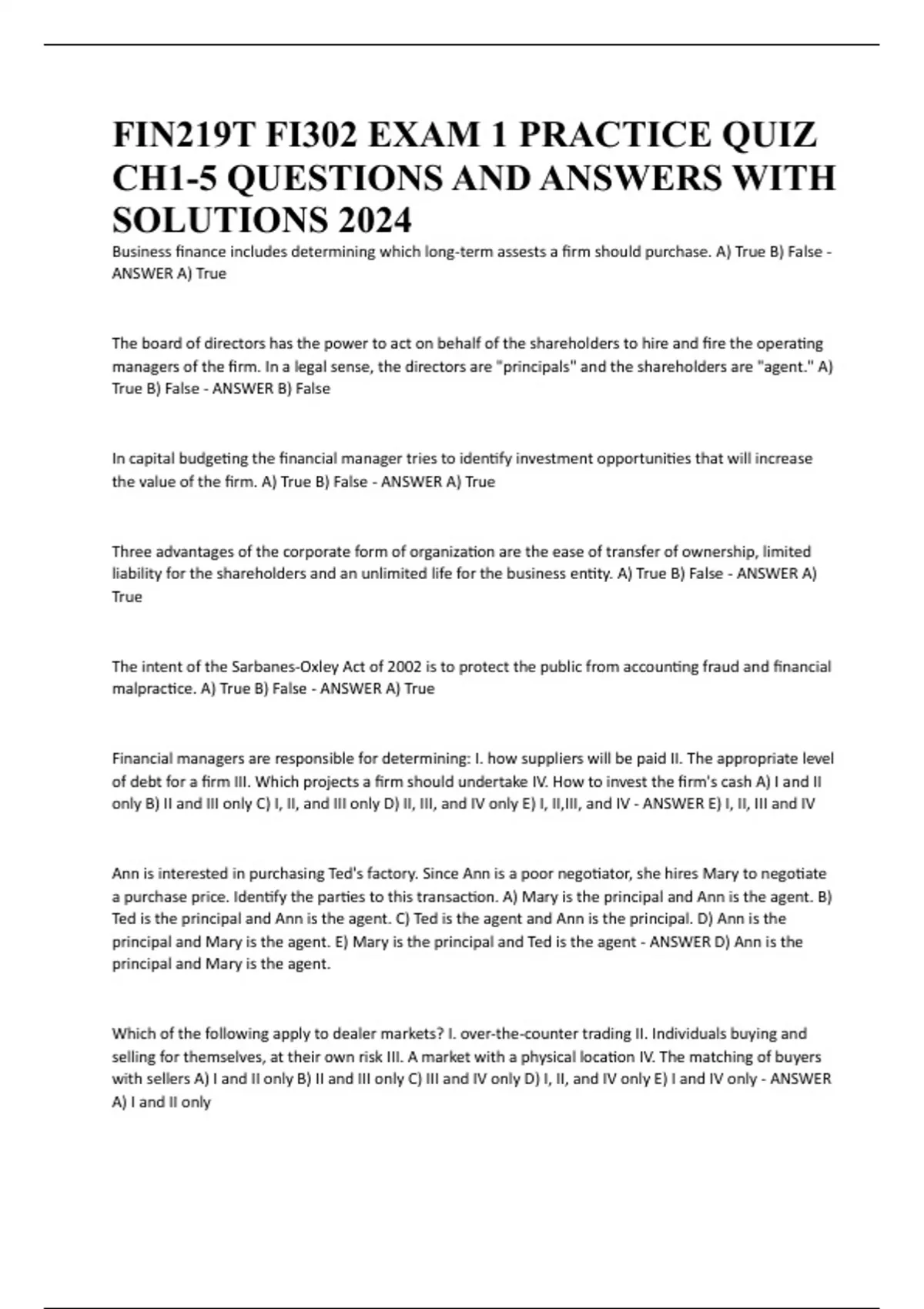 FIN219T FI302 EXAM 1 PRACTICE QUIZ CH1-5 QUESTIONS AND ANSWERS WITH SOLUTIONS 2024 - ACCOUNTING ...