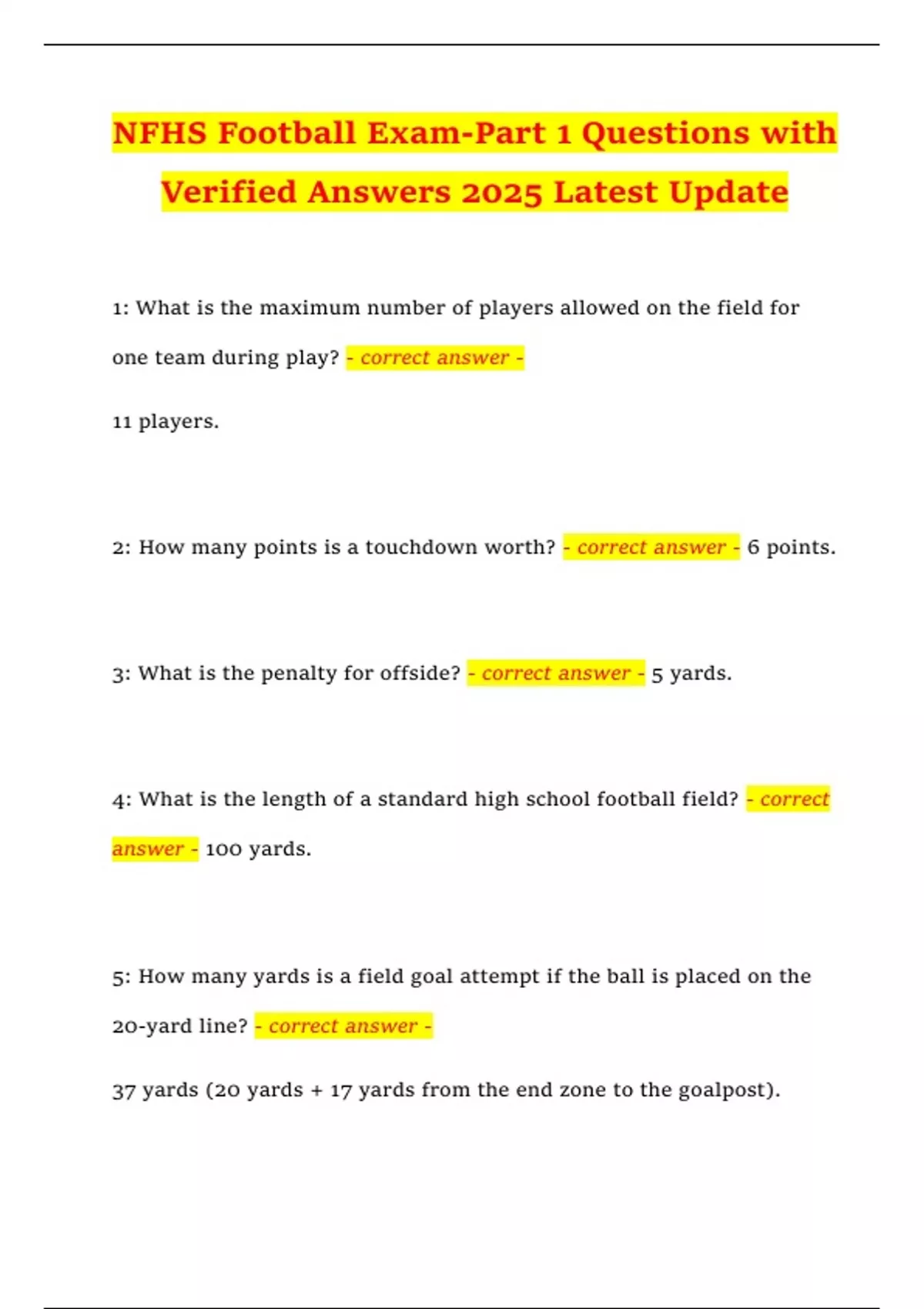 NFHS Football Exam-Part 1 Questions with Verified Answers 2025 Latest ...