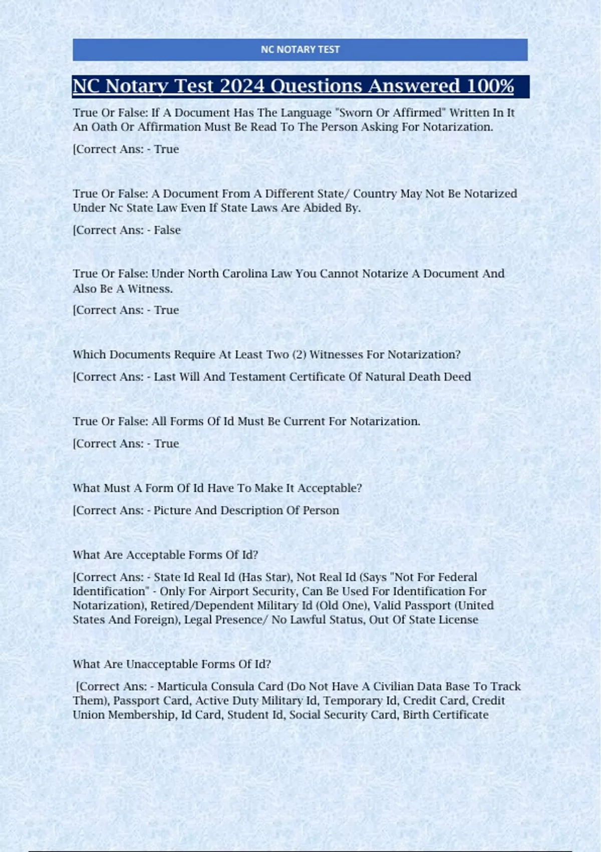 NC Notary Test 2024 Questions Answered 100% - NC Notary Public - Stuvia US