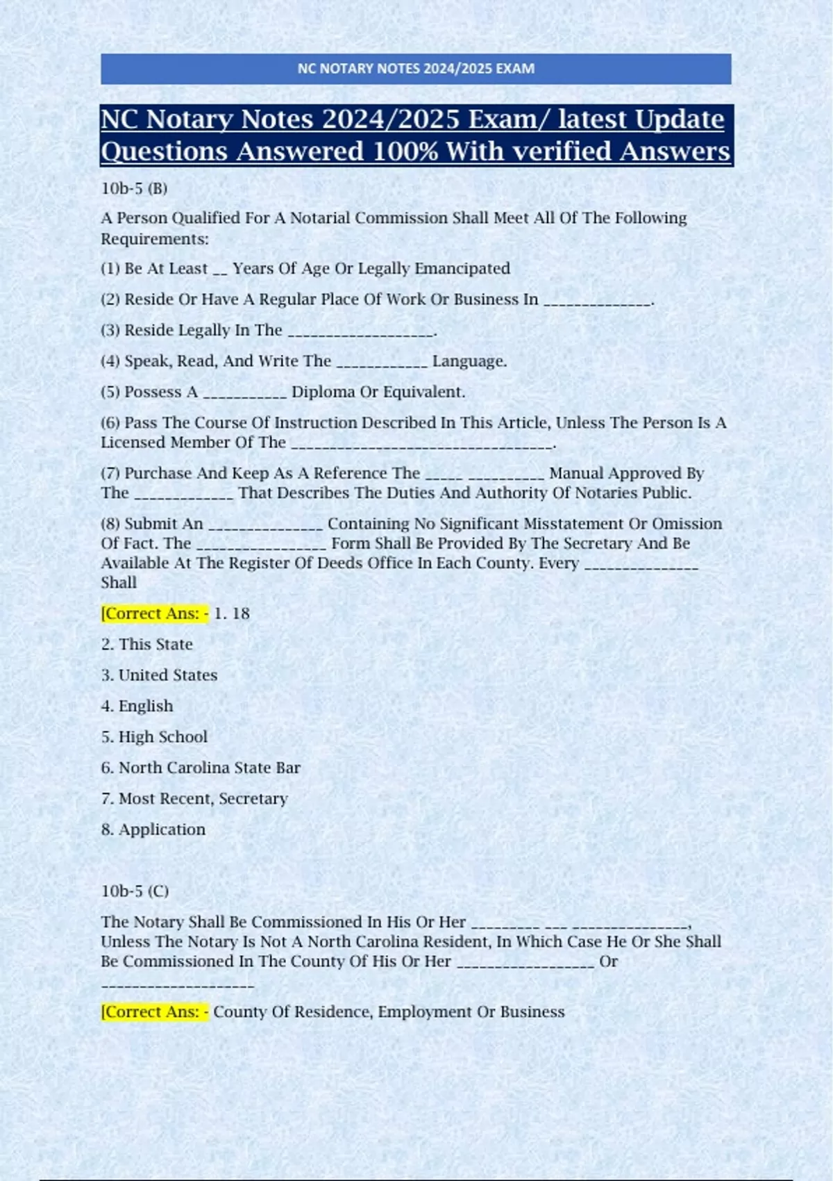 NC Notary Notes 2024/2025 Exam/ latest Update Questions Answered 100% ...