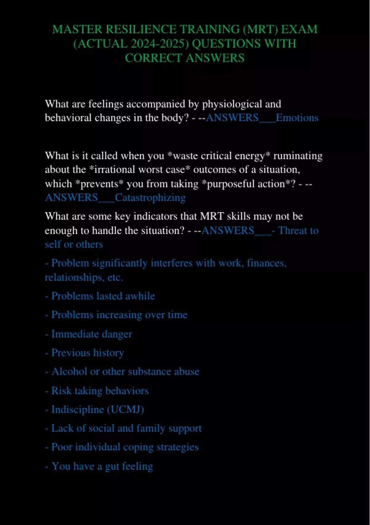 MASTER RESILIENCE TRAINING (MRT) EXAM (ACTUAL ) QUESTIONS WITH CORRECT ...