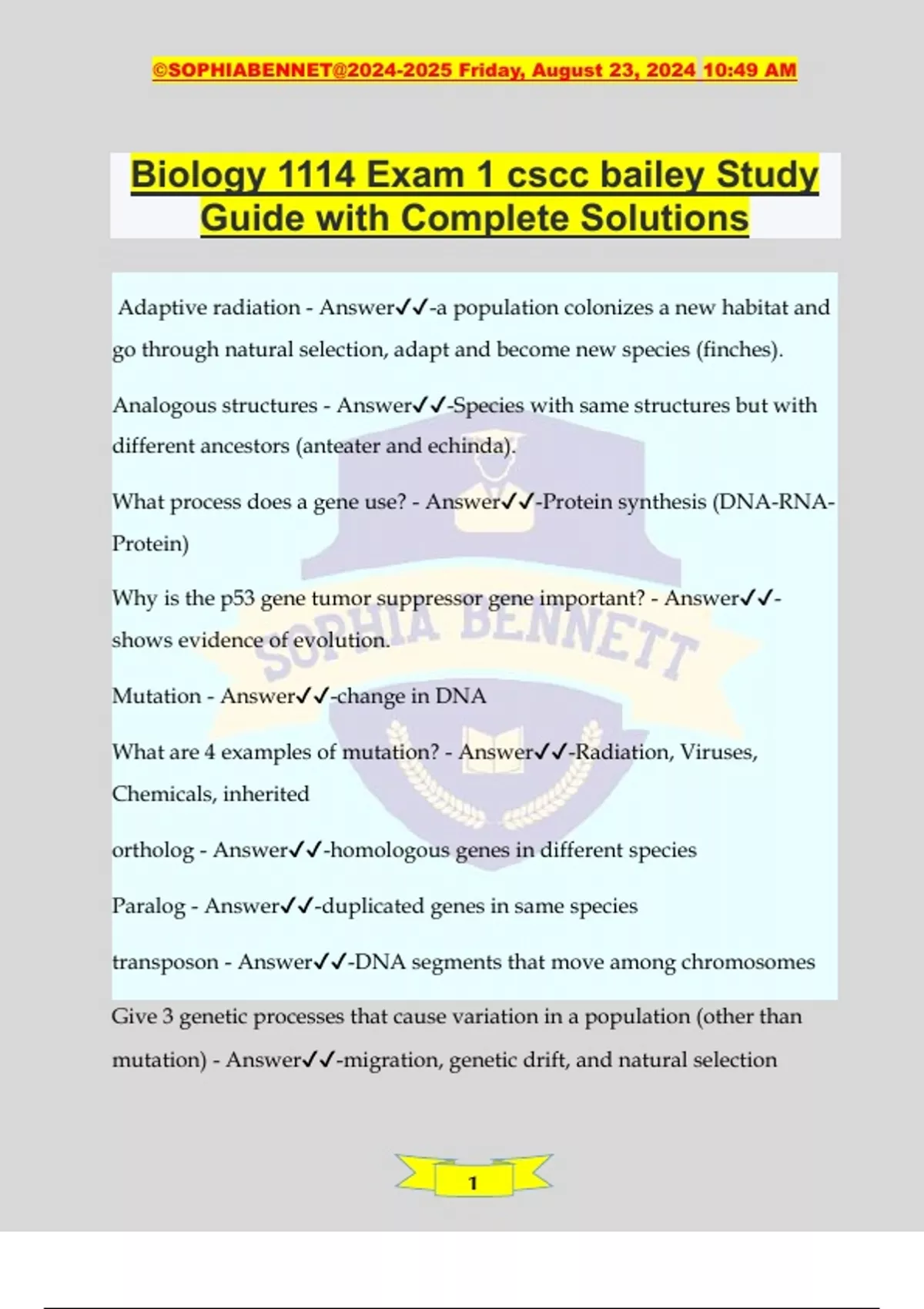 Biology 1114 Exam 1 cscc bailey Study Guide with Complete Solutions - CSCC - Stuvia US