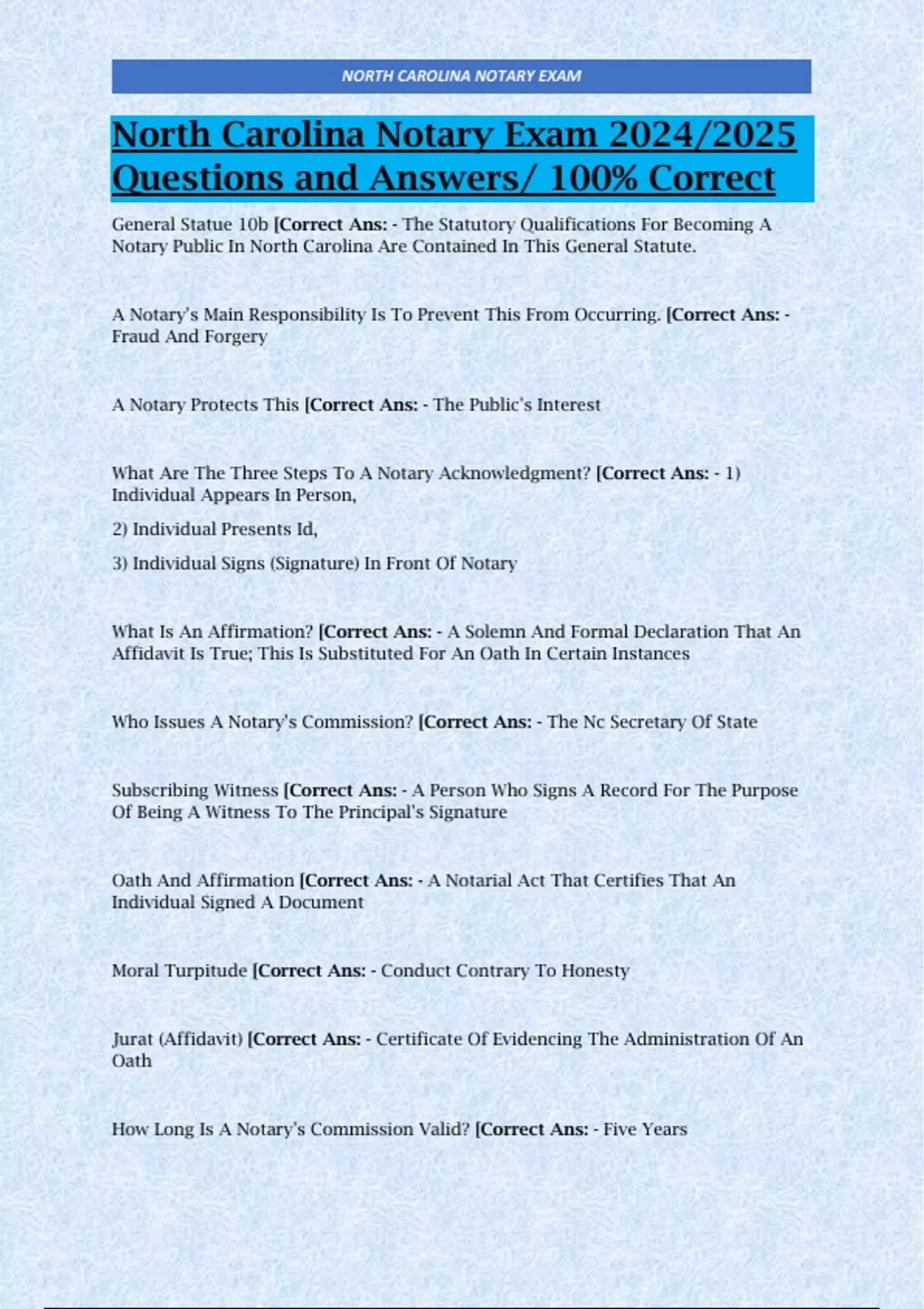 North Carolina Notary Exam 2024/2025 Questions and Answers/ 100% ...