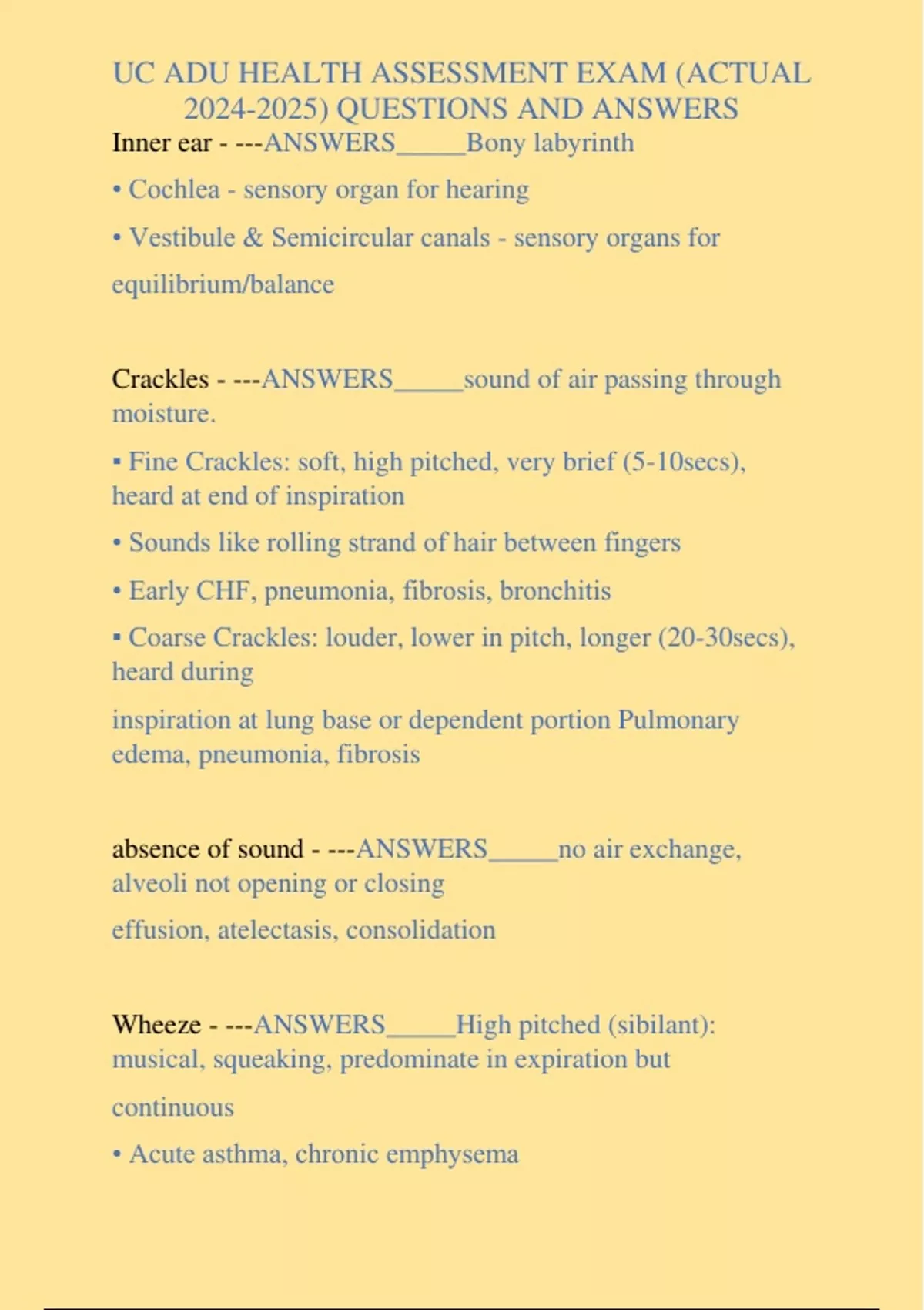 UC ADU HEALTH ASSESSMENT EXAM (ACTUAL ) QUESTIONS AND ANSWERS - UC ADU ...