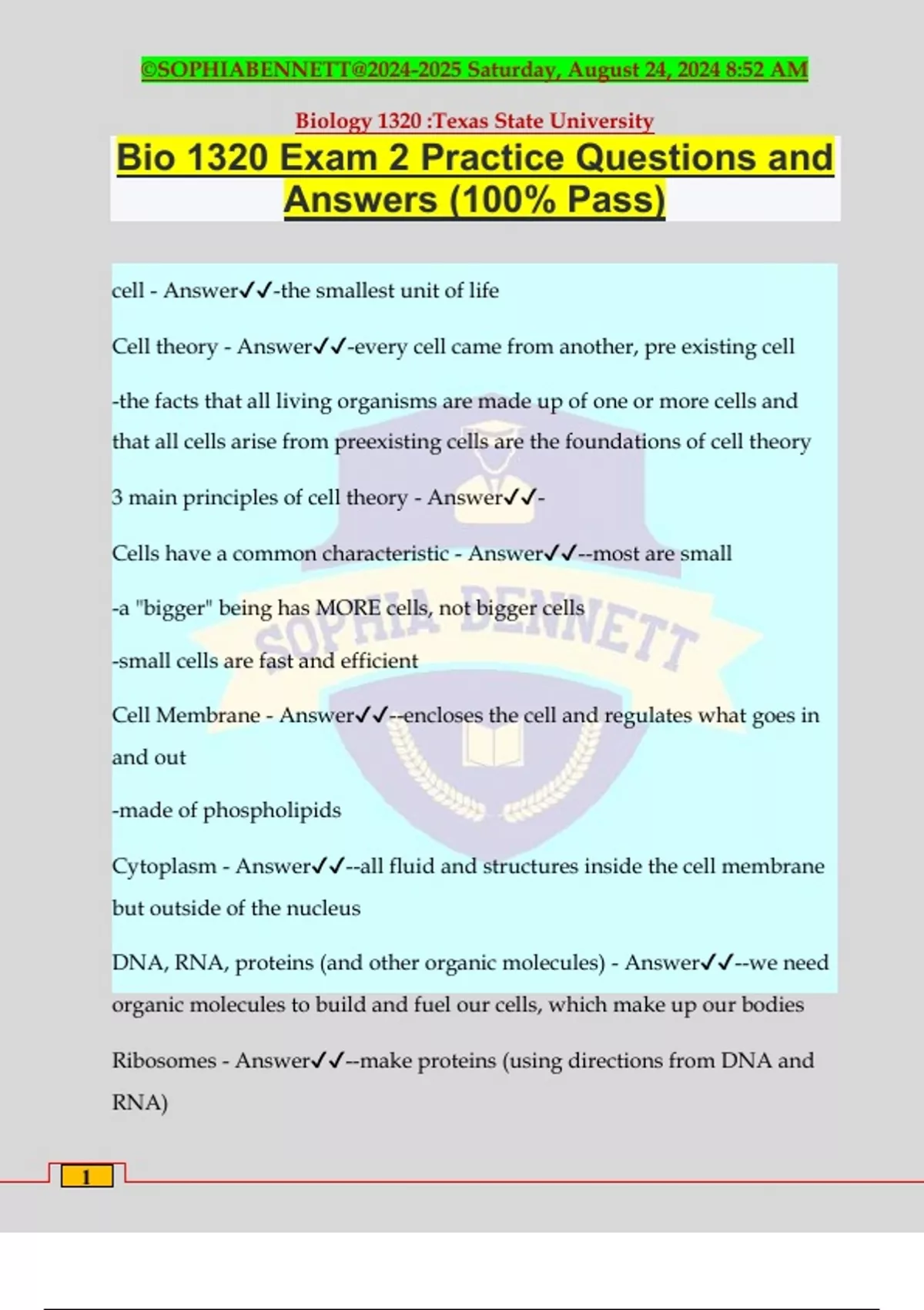 Bio 1320 Exam 2 Practice Questions and Answers (100% Pass) - Biology ...