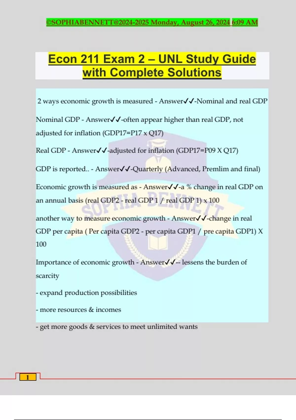 Econ 211 Exam 2 – UNL Study Guide with Complete Solutions - ECON 211 ...