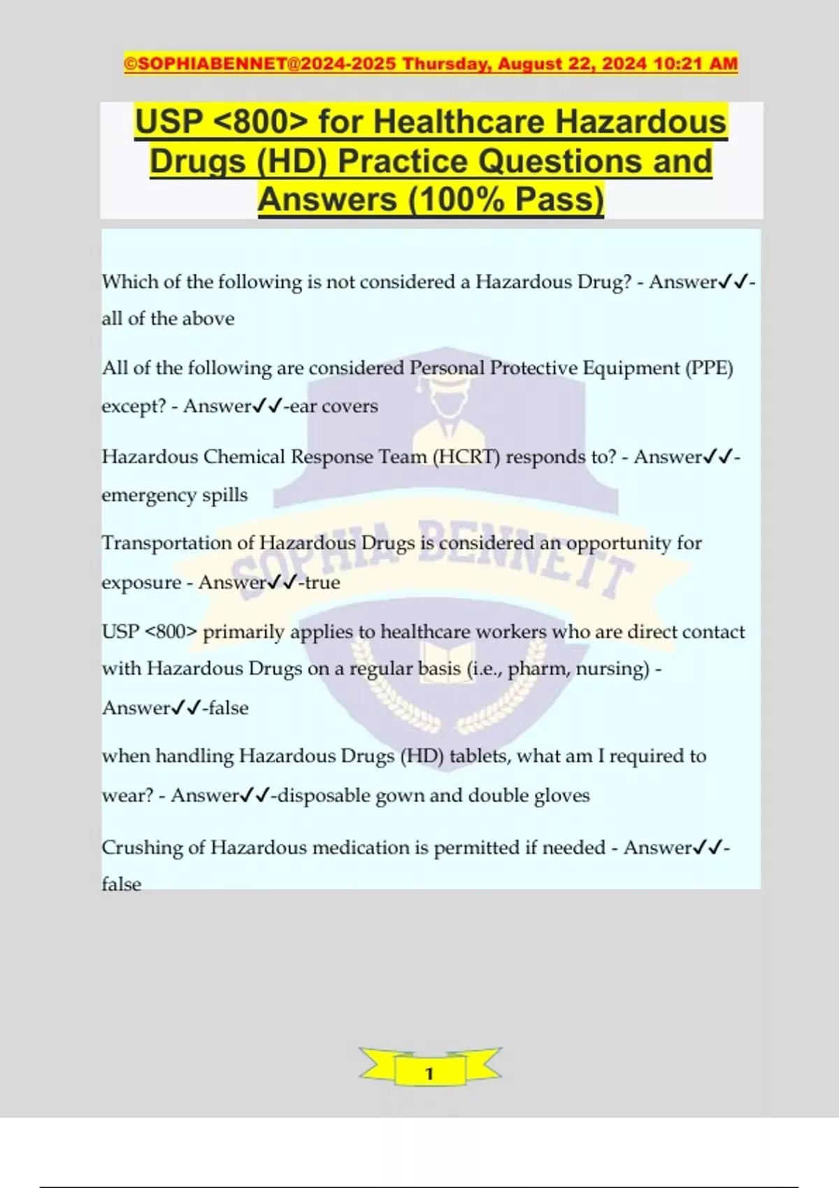 USP 800 for Healthcare Hazardous Drugs (HD) Practice Questions and ...