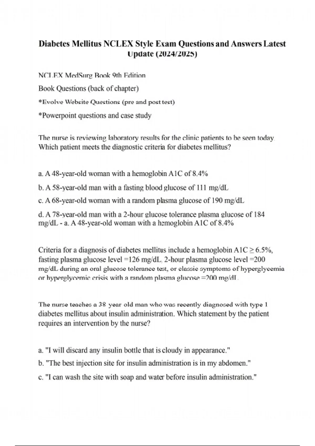 Diabetes Mellitus NCLEX Style Exam Questions and Answers Latest Update ...