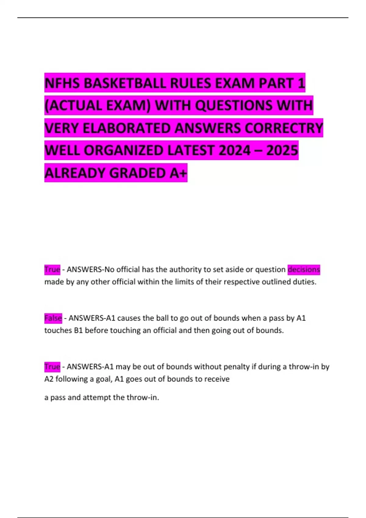 NFHS BASKETBALL RULES EXAM PART 1 (ACTUAL EXAM) WITH QUESTIONS WITH ...