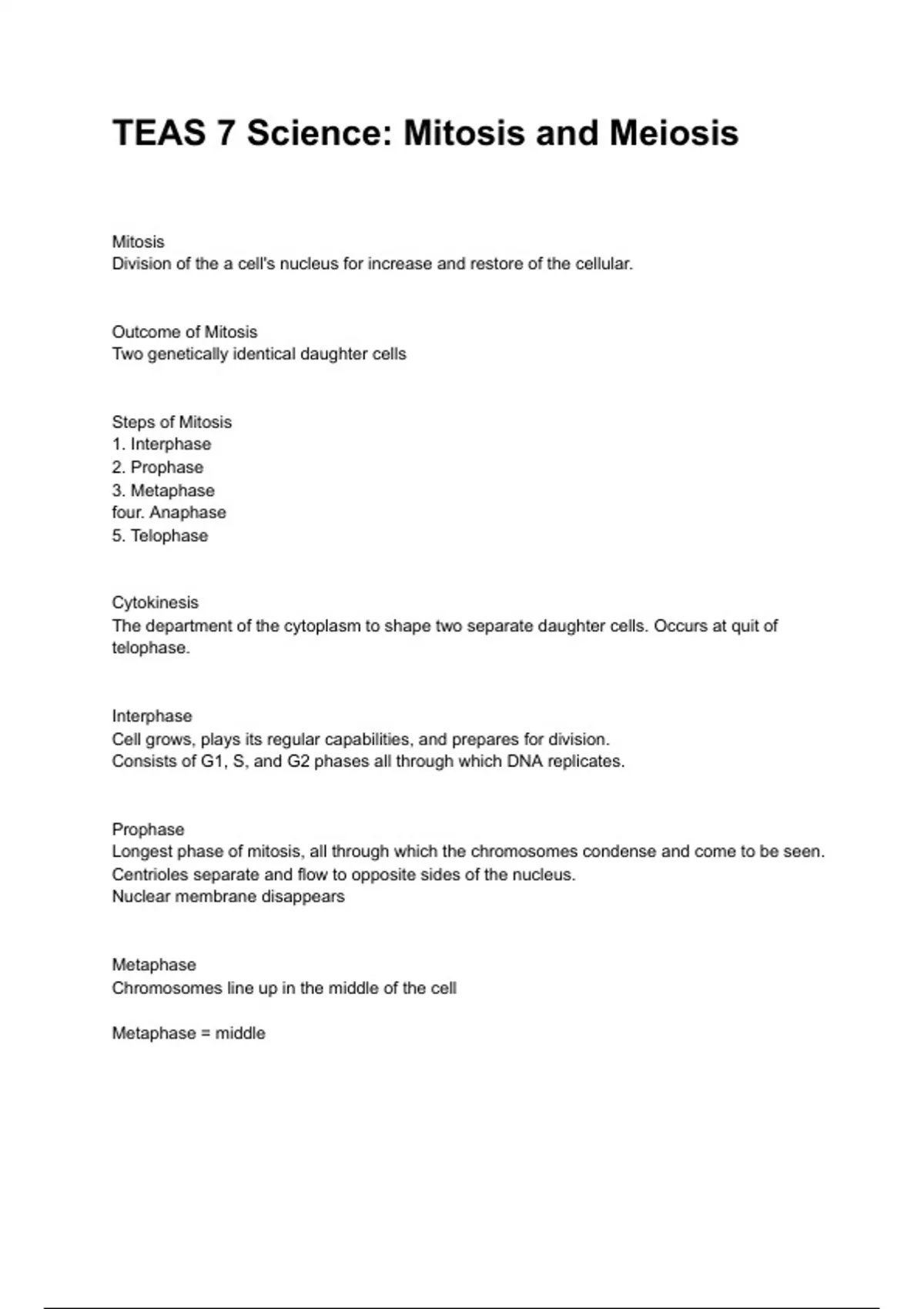 TEAS 7 Science: Mitosis and Meiosis questions and answers rated A+ 2024 ...