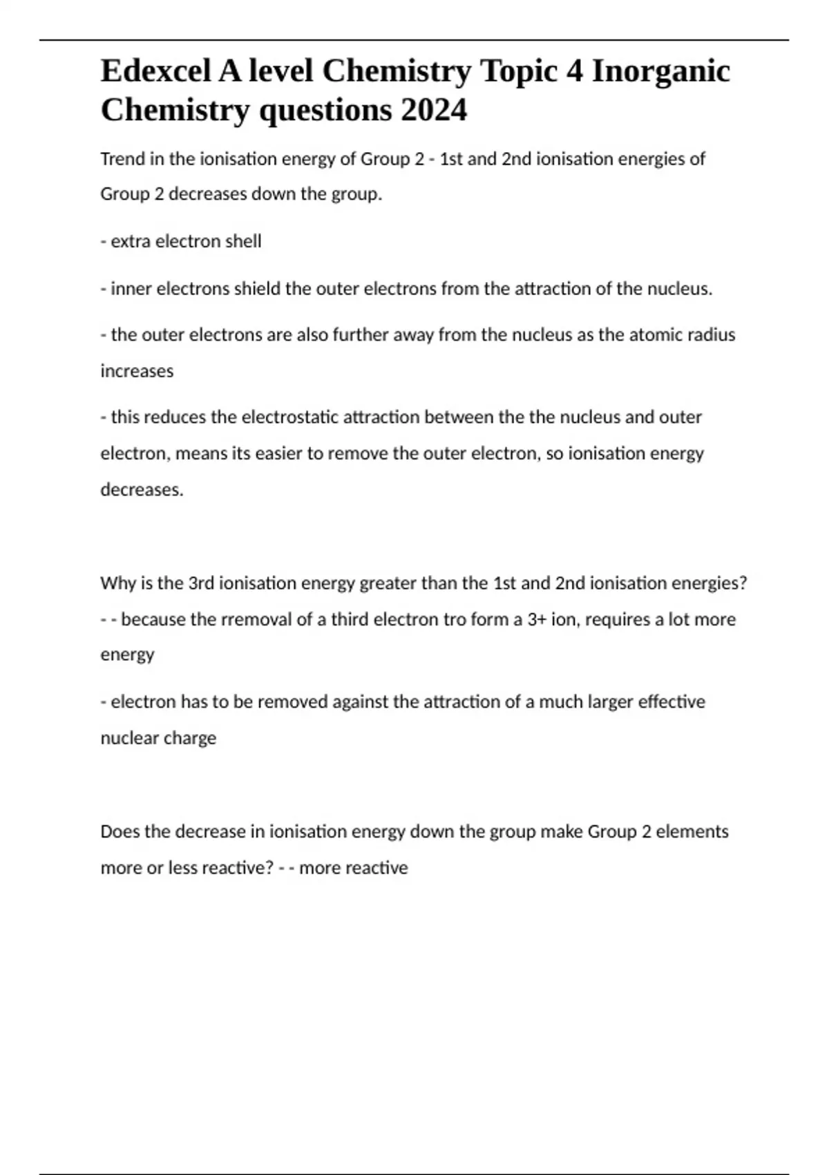 Edexcel A level Chemistry Topic 4 Inorganic Chemistry questions 2024 ...