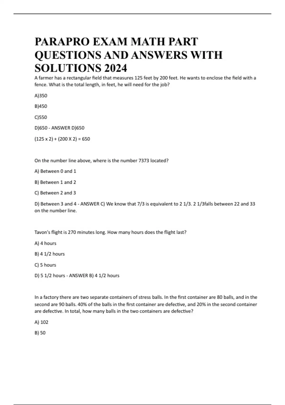 PARAPRO EXAM MATH PART QUESTIONS AND ANSWERS WITH SOLUTIONS 2024 A f ...