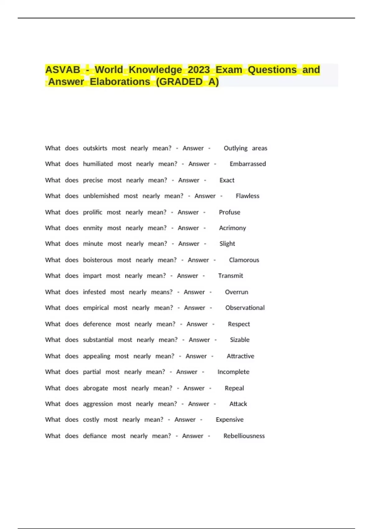 ASVAB - World Knowledge 2023 Exam Questions and Answer Elaborations ...