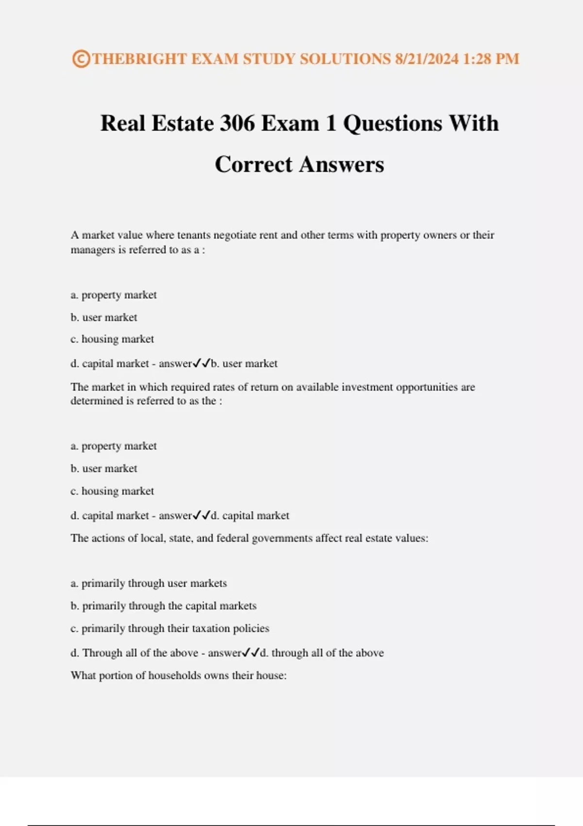 Real Estate 306 Exam 1 Questions With Correct Answers - Real Estate 306 ...