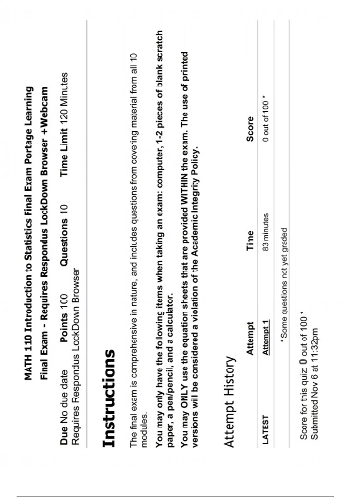 Math 110 Introduction To Statistics Final Exam Portage Learning Math