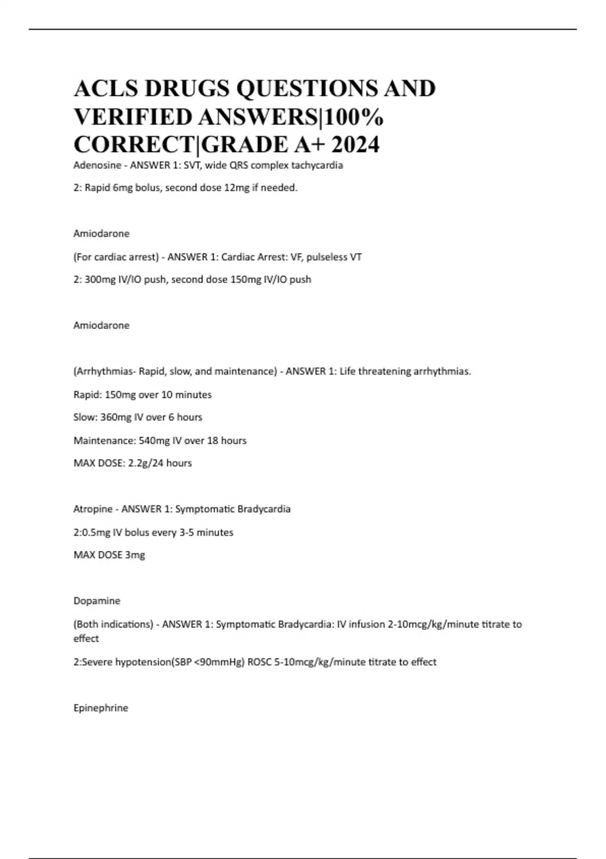 ACLS DRUGS QUESTIONS AND VERIFIED ANSWERS|100% CORRECT|GRADE A+ 2024 ...