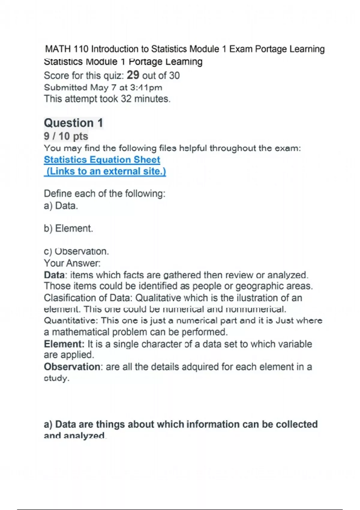 MATH 110 Introduction to Statistics Module 1 Exam Portage Learning ...