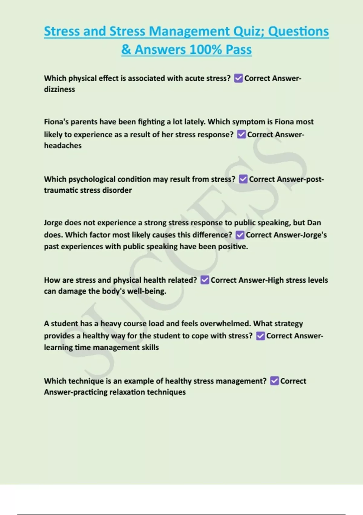 Stress and Stress Management Quiz; Questions & Answers 100% Pass ...