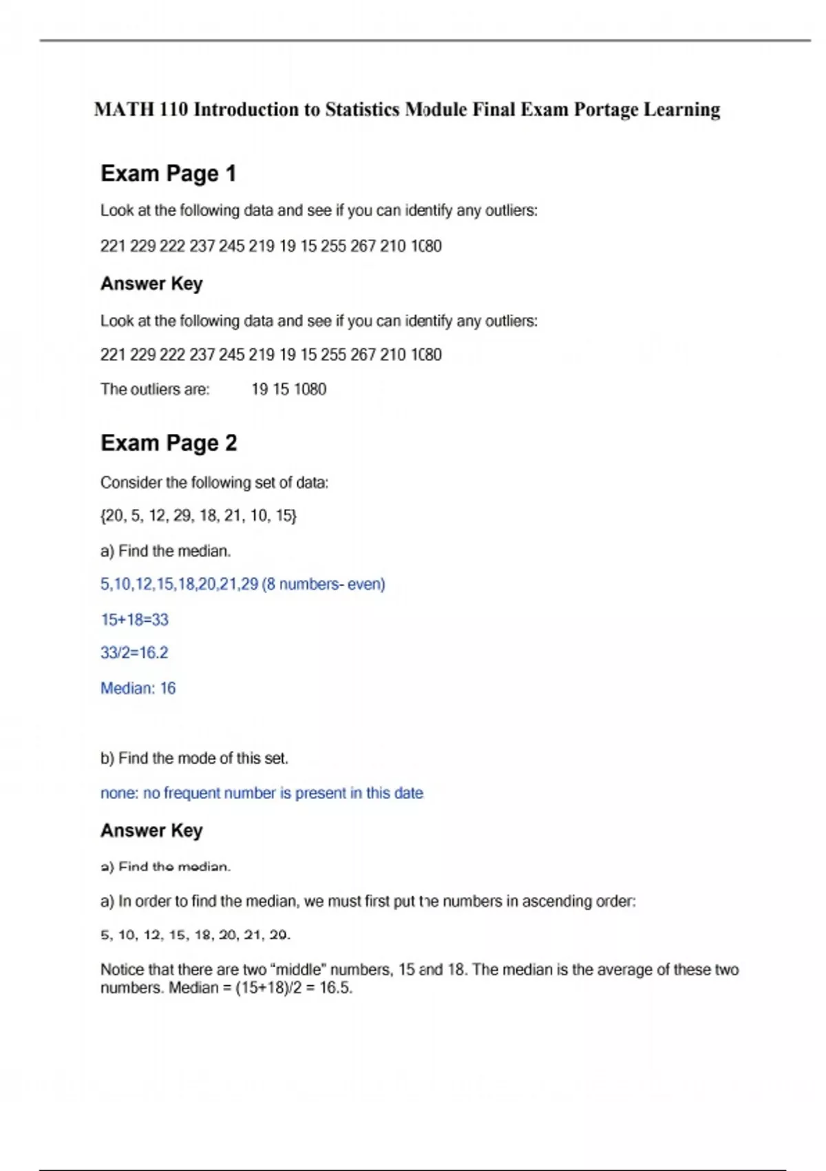 Math 110 Introduction To Statistics Module Final Exam Portage Learning Math 110 Math110