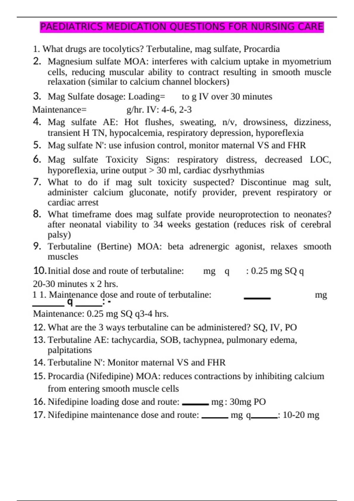PAEDIATRICS MEDICATION QUESTIONS FOR NURSING CARE 2024/2025. WELL ...