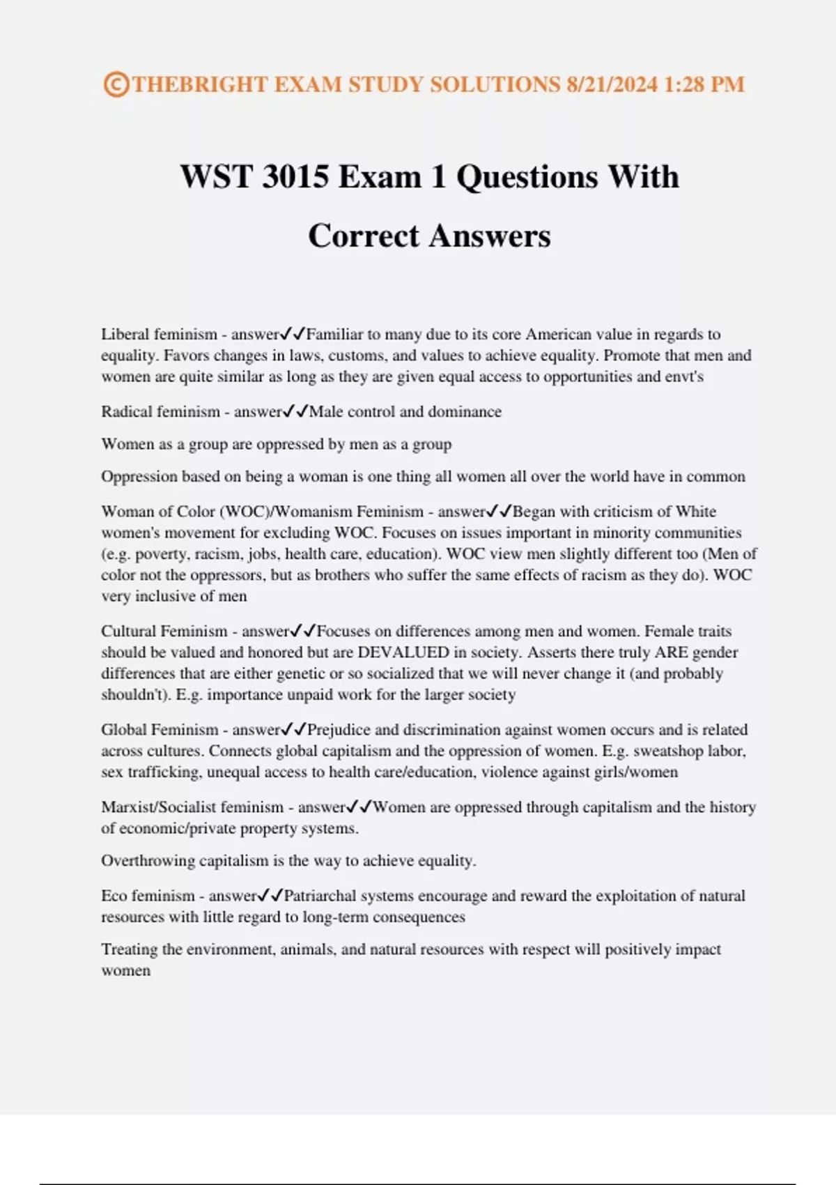 WST 3015 Exam 1 Questions With Correct Answers - WST 3015 - Stuvia US