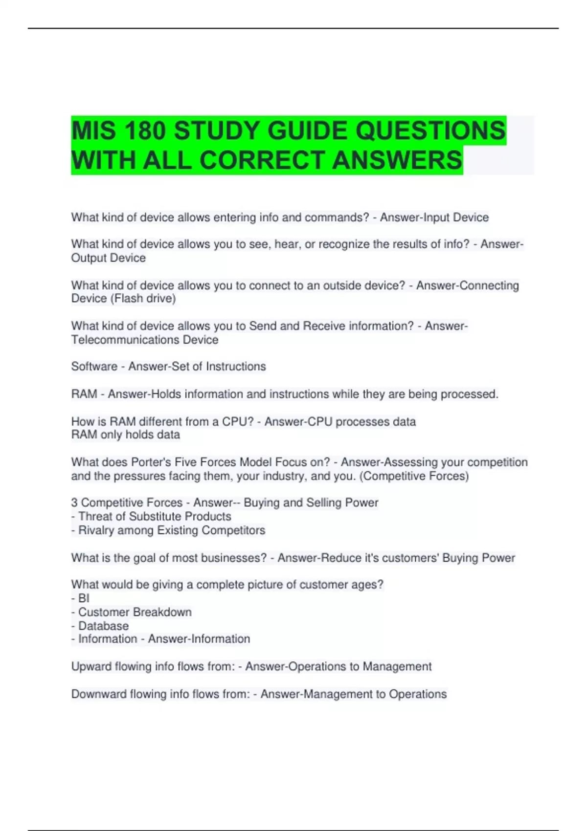 MIS 180 STUDY GUIDE QUESTIONS WITH ALL CORRECT ANSWERS - MIS 180 ...