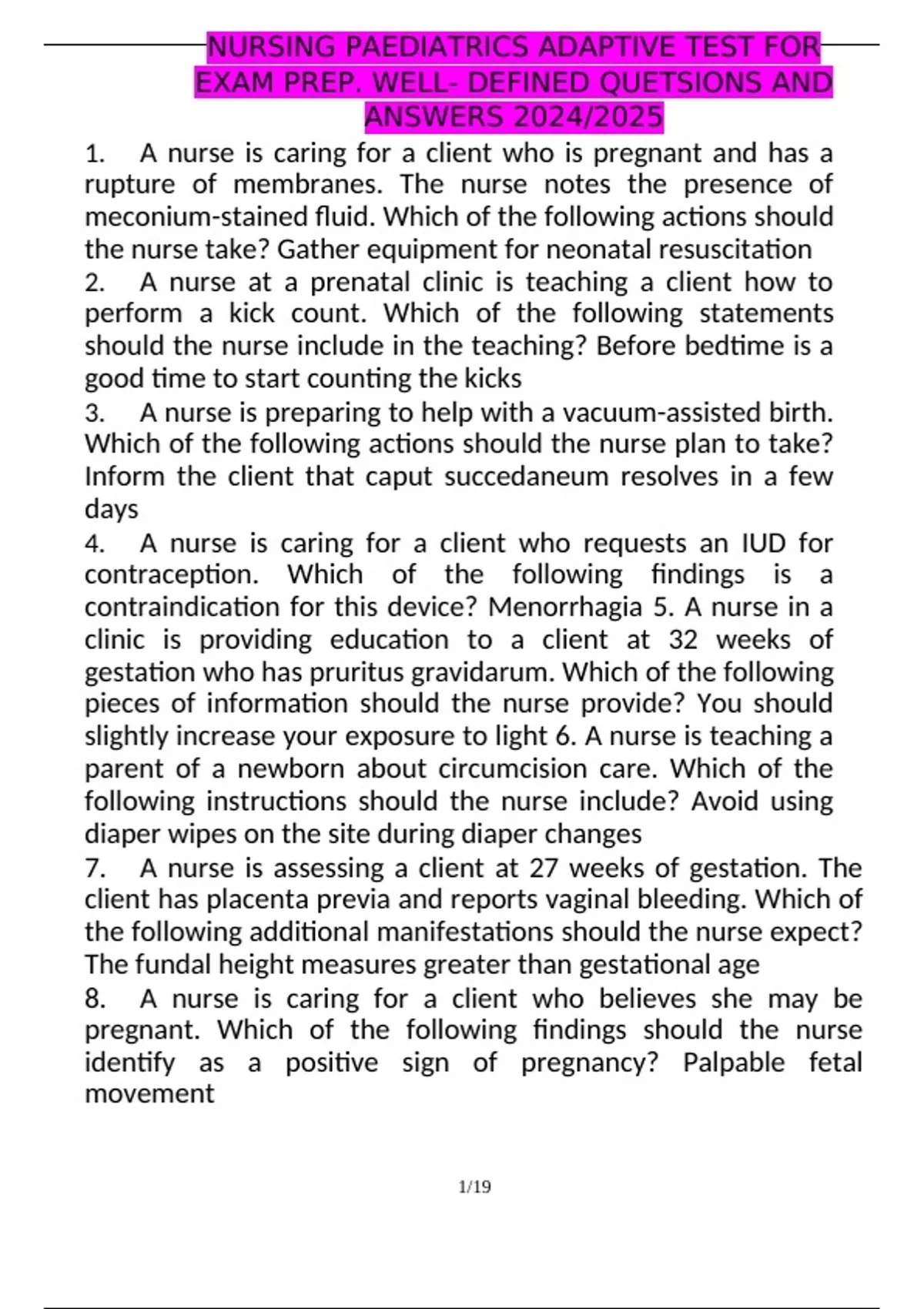 NURSING PAEDIATRICS ADAPTIVE TEST FOR EXAM PREP. WELL- DEFINED ...