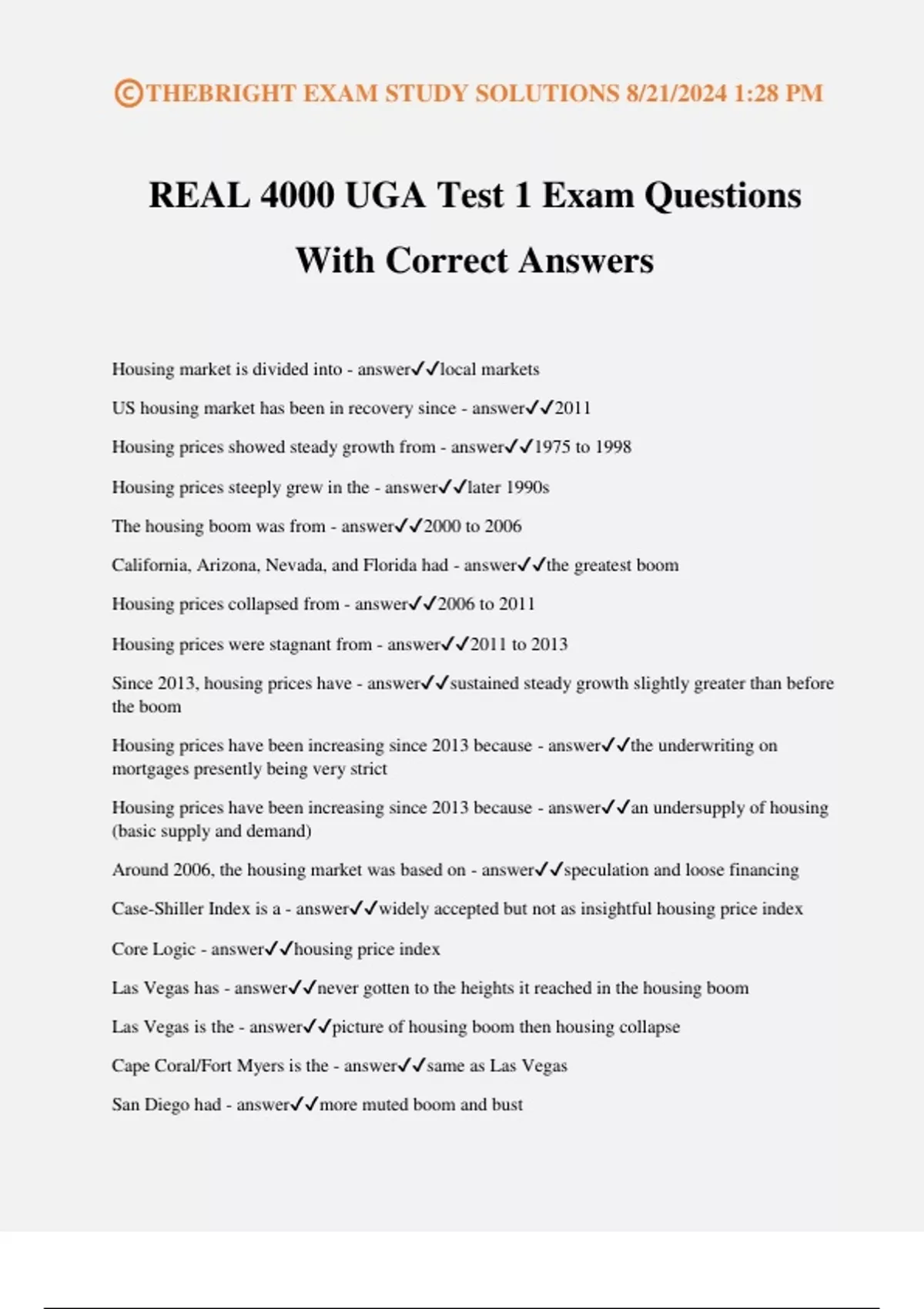 REAL 4000 UGA Test 1 Exam Questions With Correct Answers - UGA REAL ...