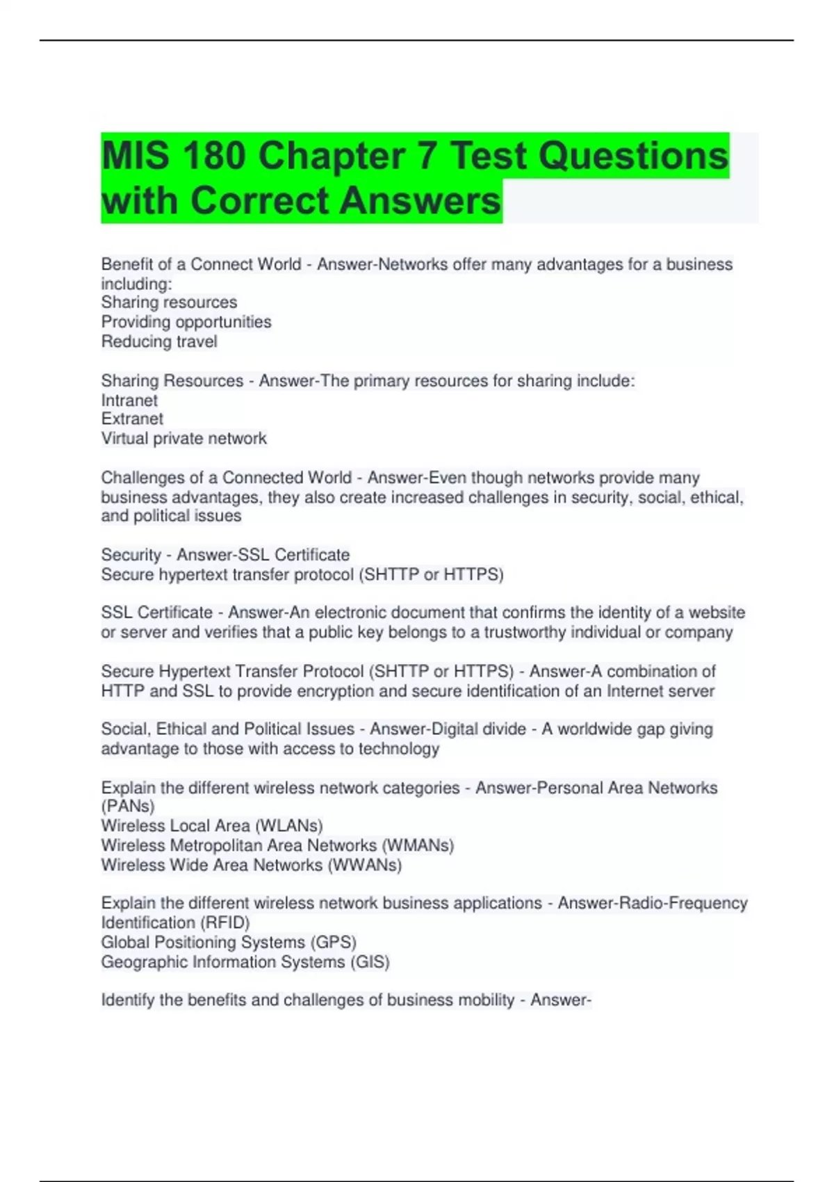 MIS 180 Chapter 7 Test Questions with Correct Answers - MIS 180 - Stuvia US