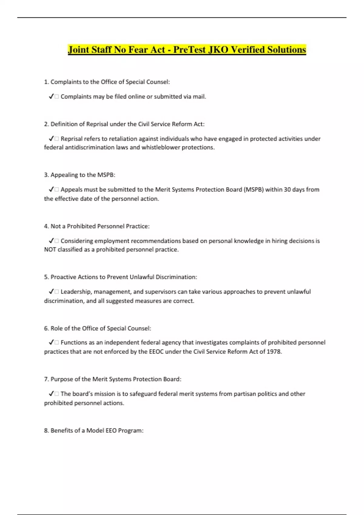 Joint Staff No Fear Act - PreTest JKO Verified Solutions - Joint Staff ...