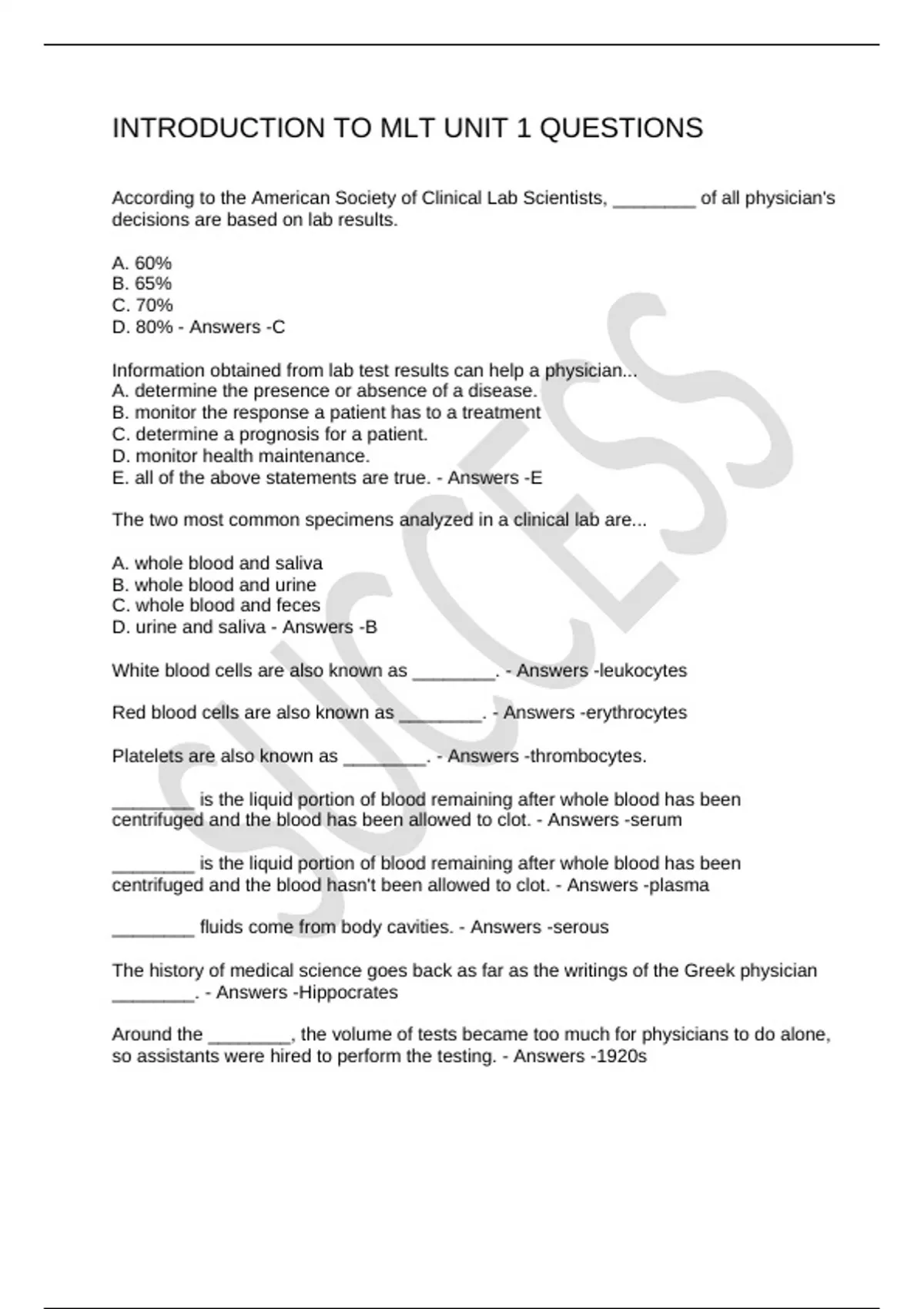 INTRODUCTION TO MLT UNIT 1 QUESTIONS - MLT - Stuvia US