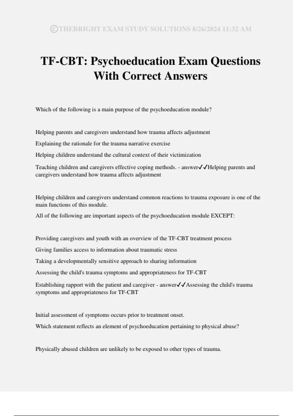 TF-CBT: Psychoeducation Exam Questions With Correct Answers - TF-CBT - Stuvia US