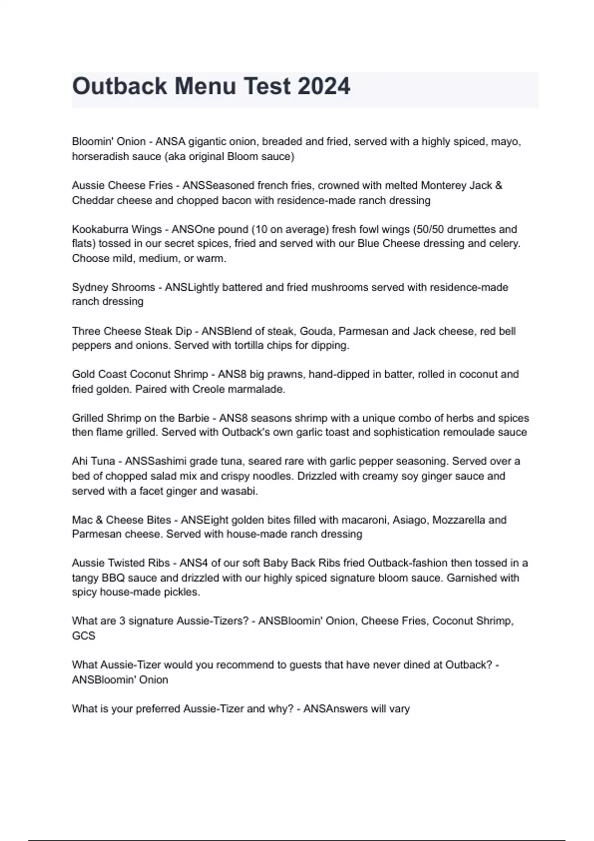 Outback Menu Test 2024 questions and answers rated A+ 2024/2025 ...