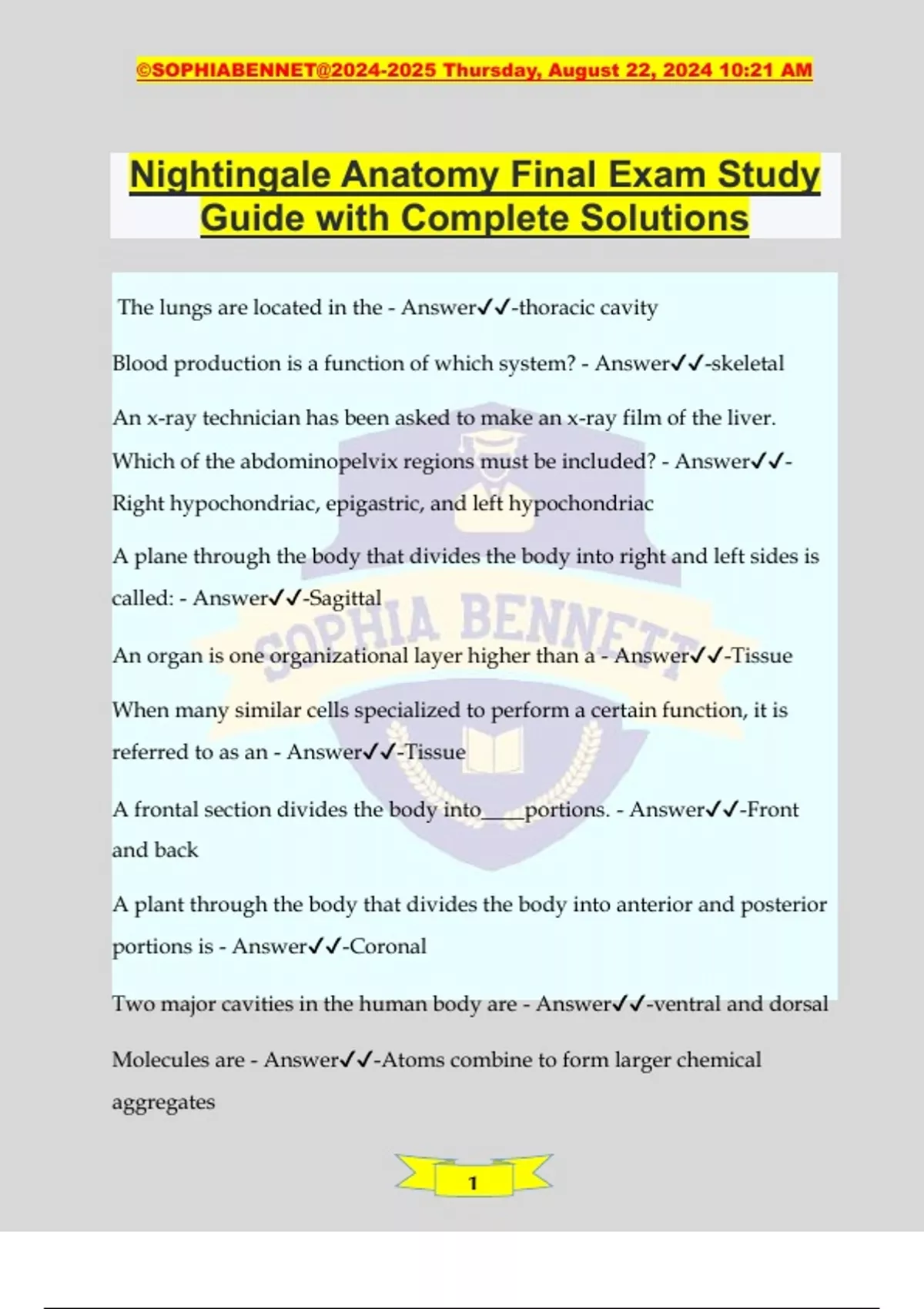 Nightingale Anatomy Final Exam Study Guide with Complete Solutions ...