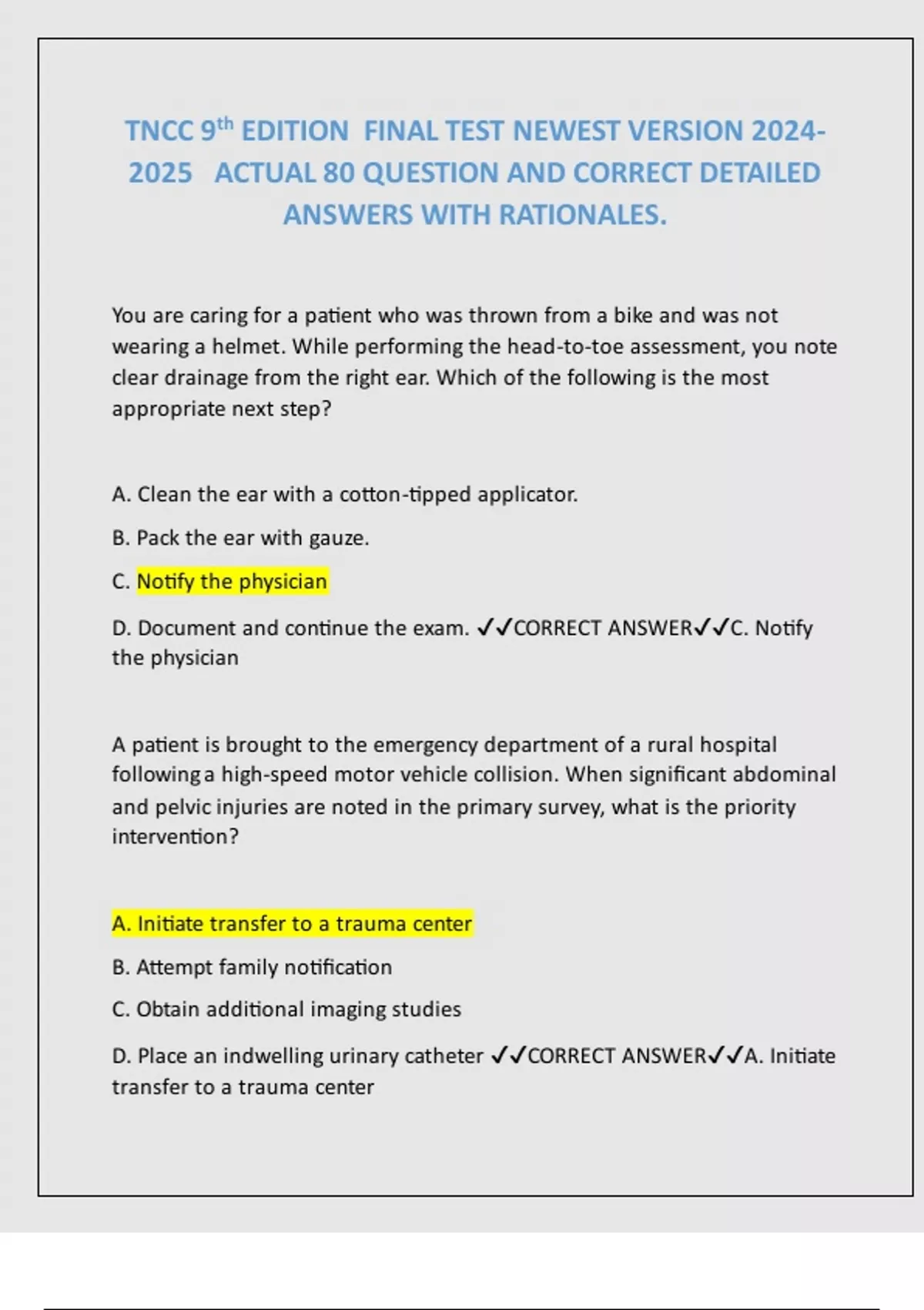 TNCC 9th EDITION FINAL TEST NEWEST VERSION ACTUAL 80 QUESTION AND ...