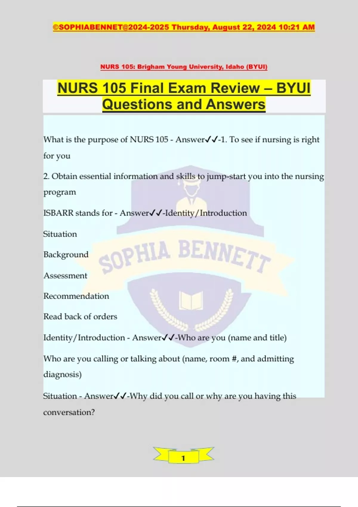 NURS 105 Final Exam Review – BYUI Questions and Answers - Nursing 105 ...
