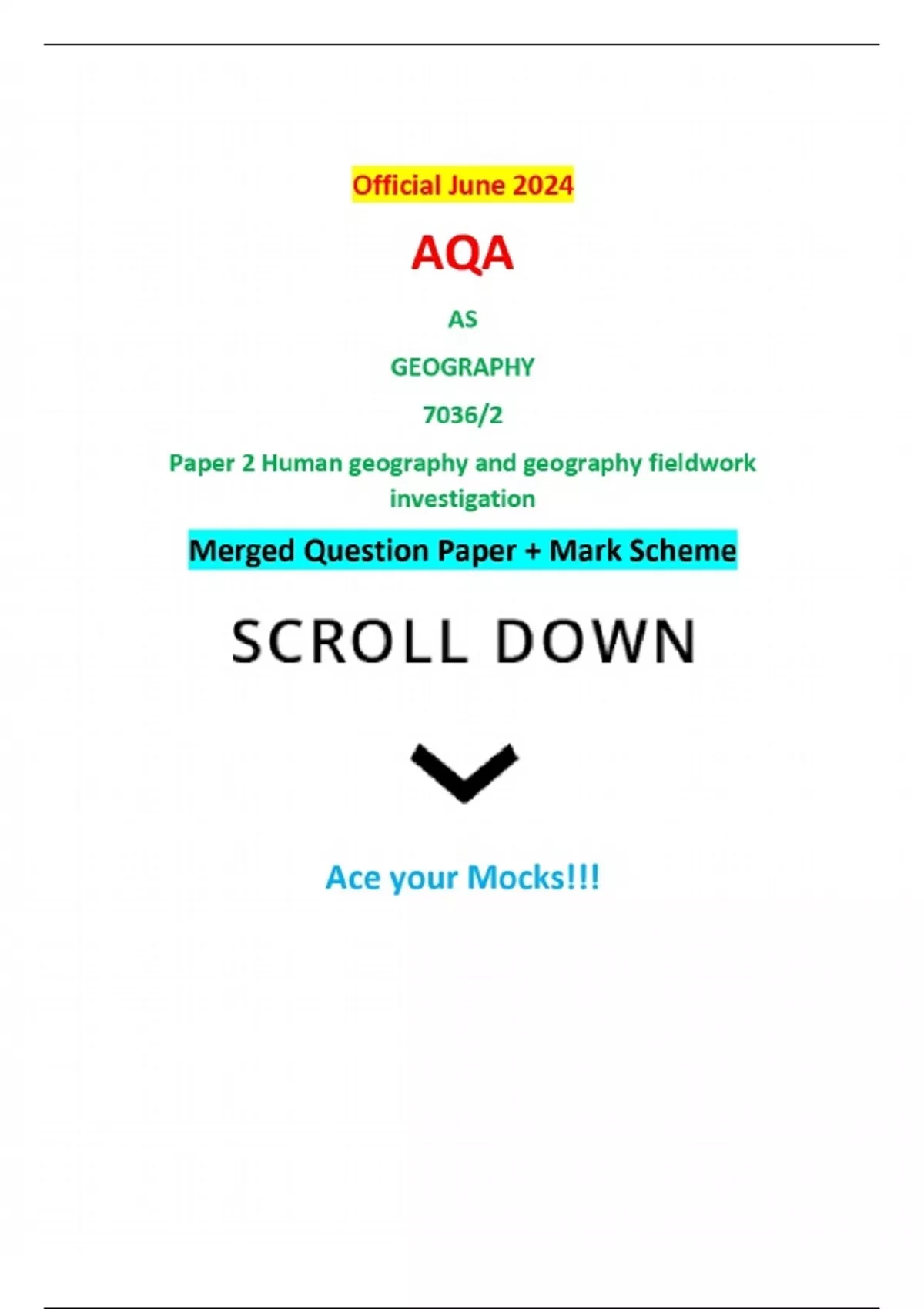 Official June 2024 AQA AS GEOGRAPHY 7036/2 Paper 2 Human geography and ...