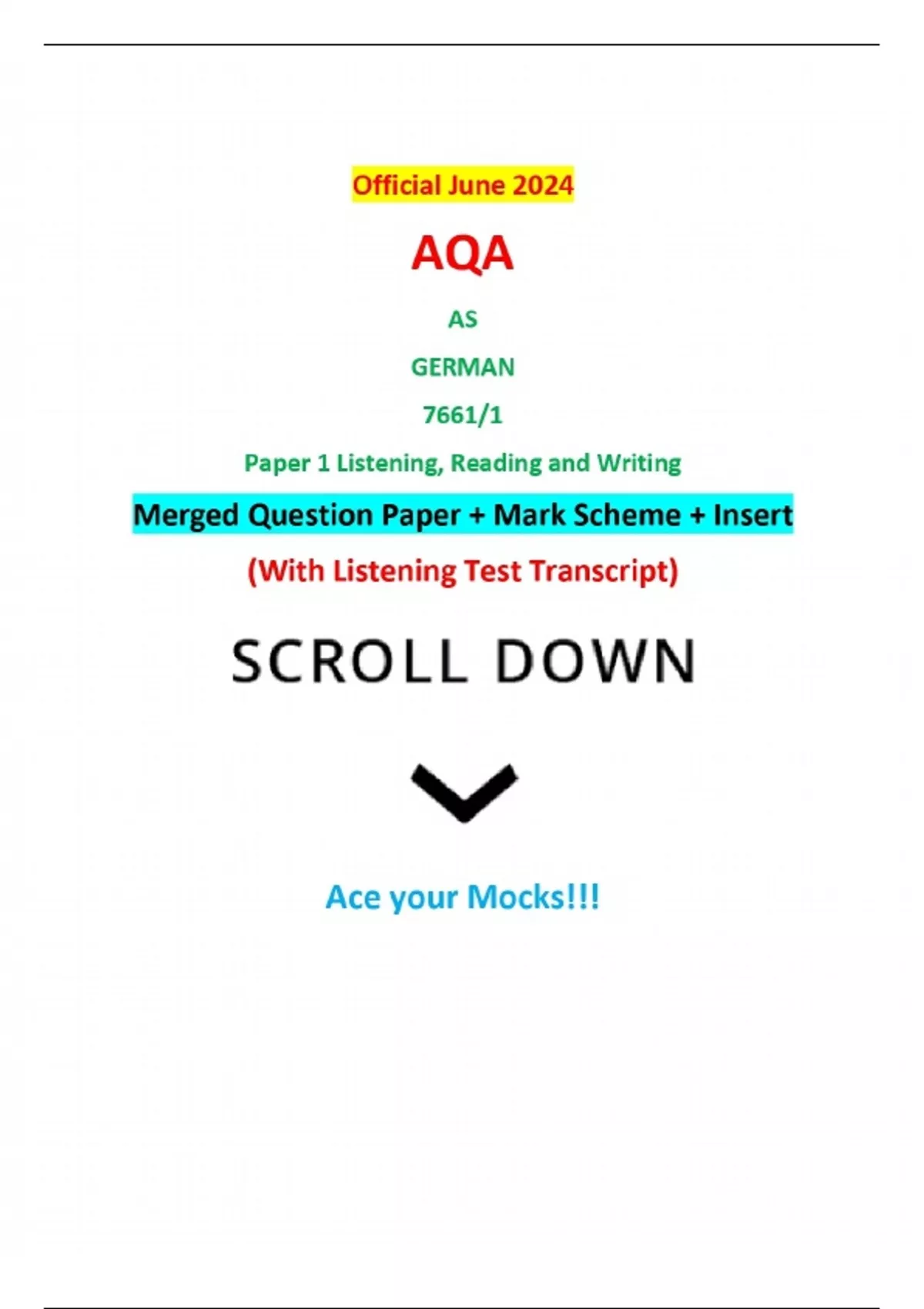 Official June 2024 AQA AS GERMAN 7661/1 Paper 1 Listening, Reading and ...